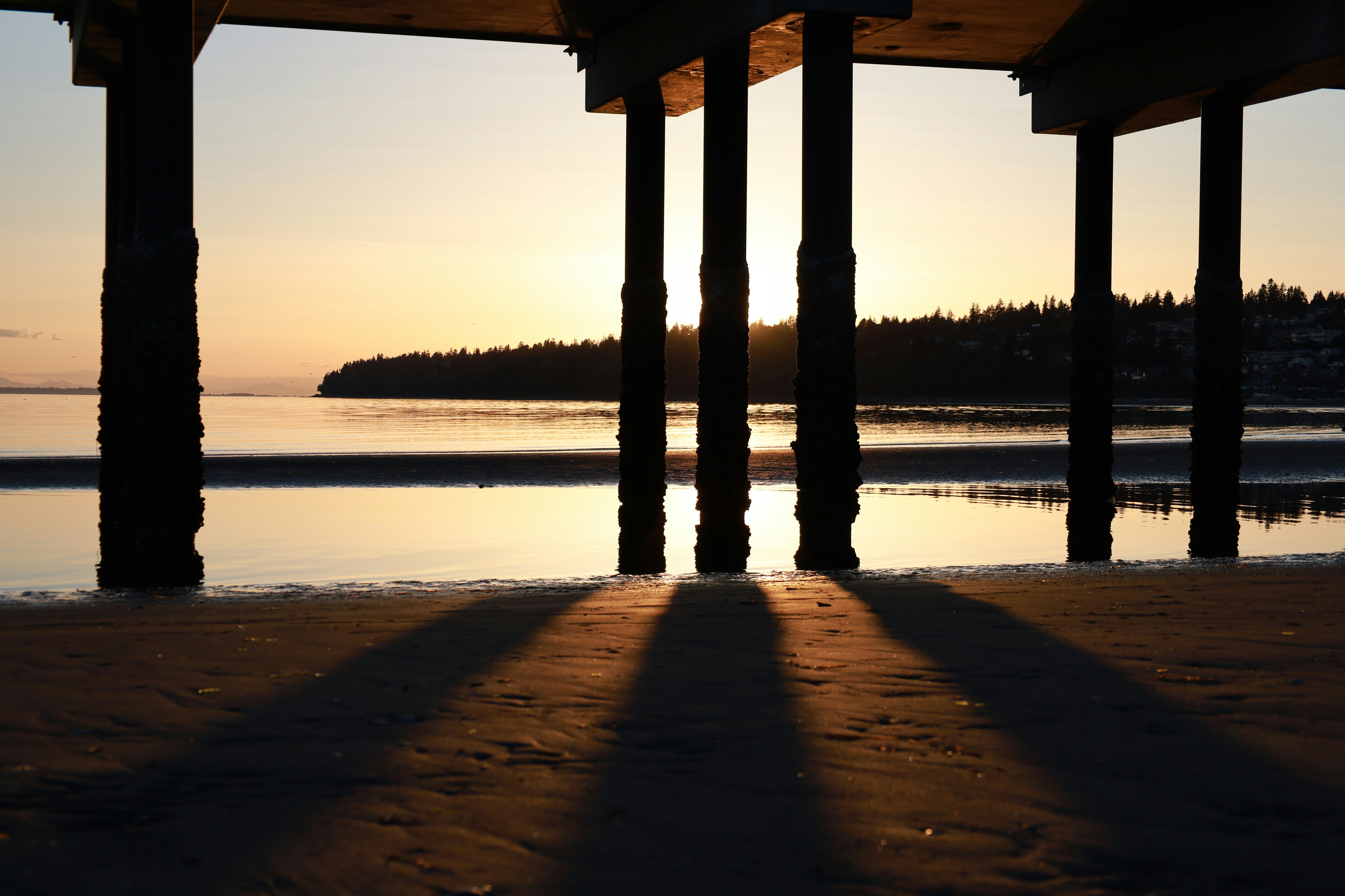 Shadowed Columns at Sunset: Pier Remnants on Quiet Shore