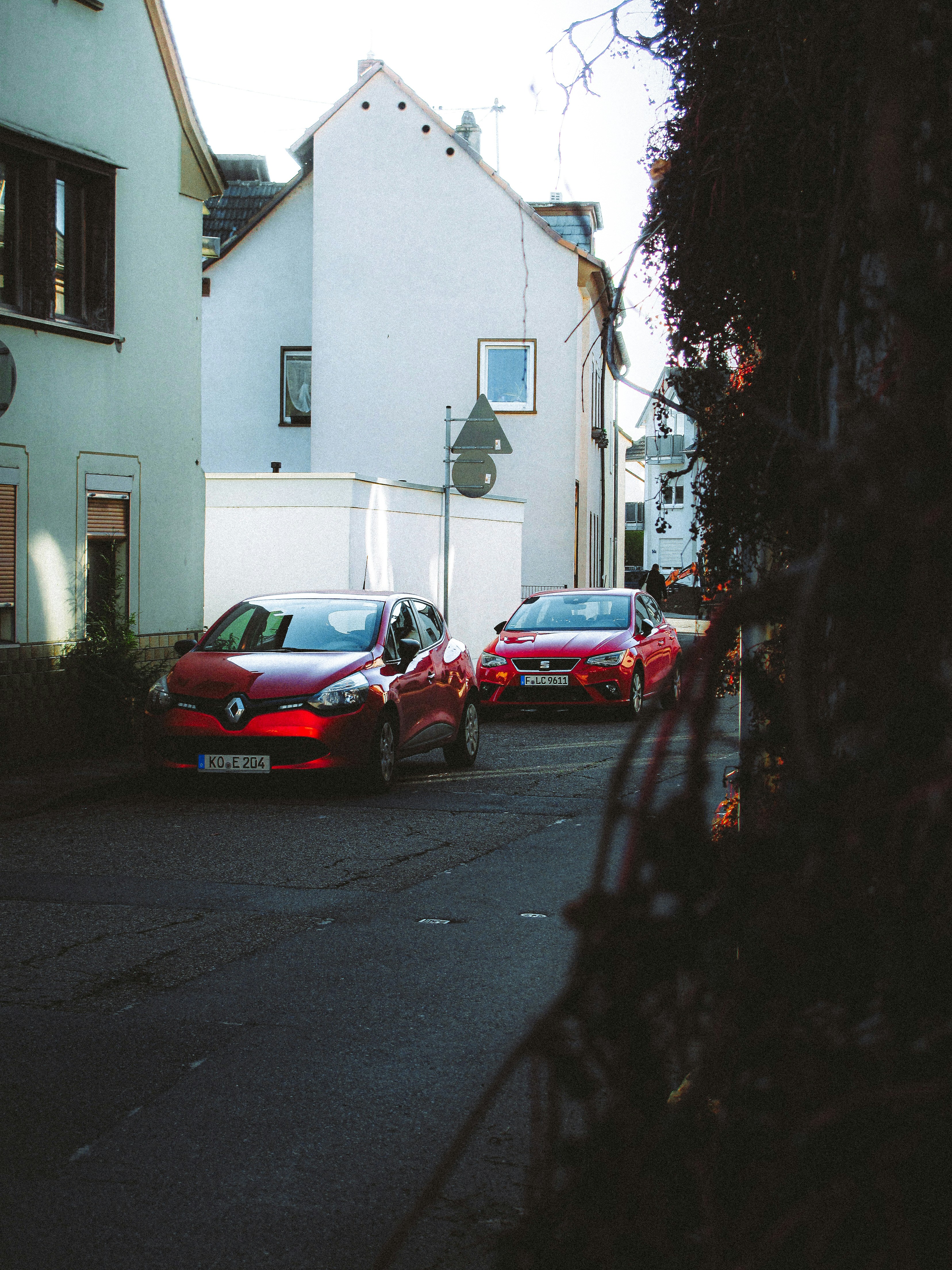 Two red cars parked along a narrow residential street with pale pastel houses and a dark foreground shrub framing the right side.