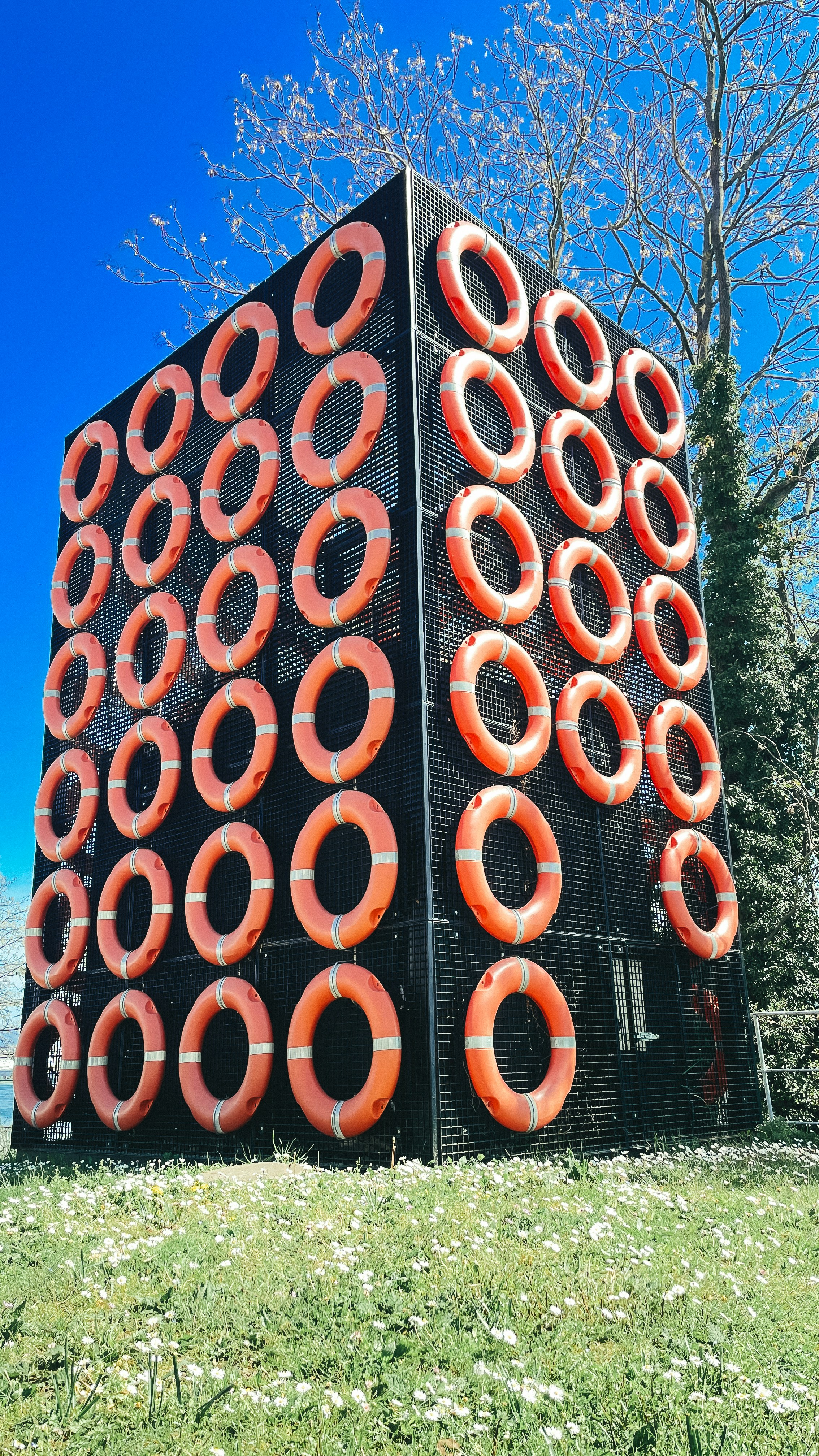 Lifebuoys on a Black Grid: A Sunlit Sculptural Block