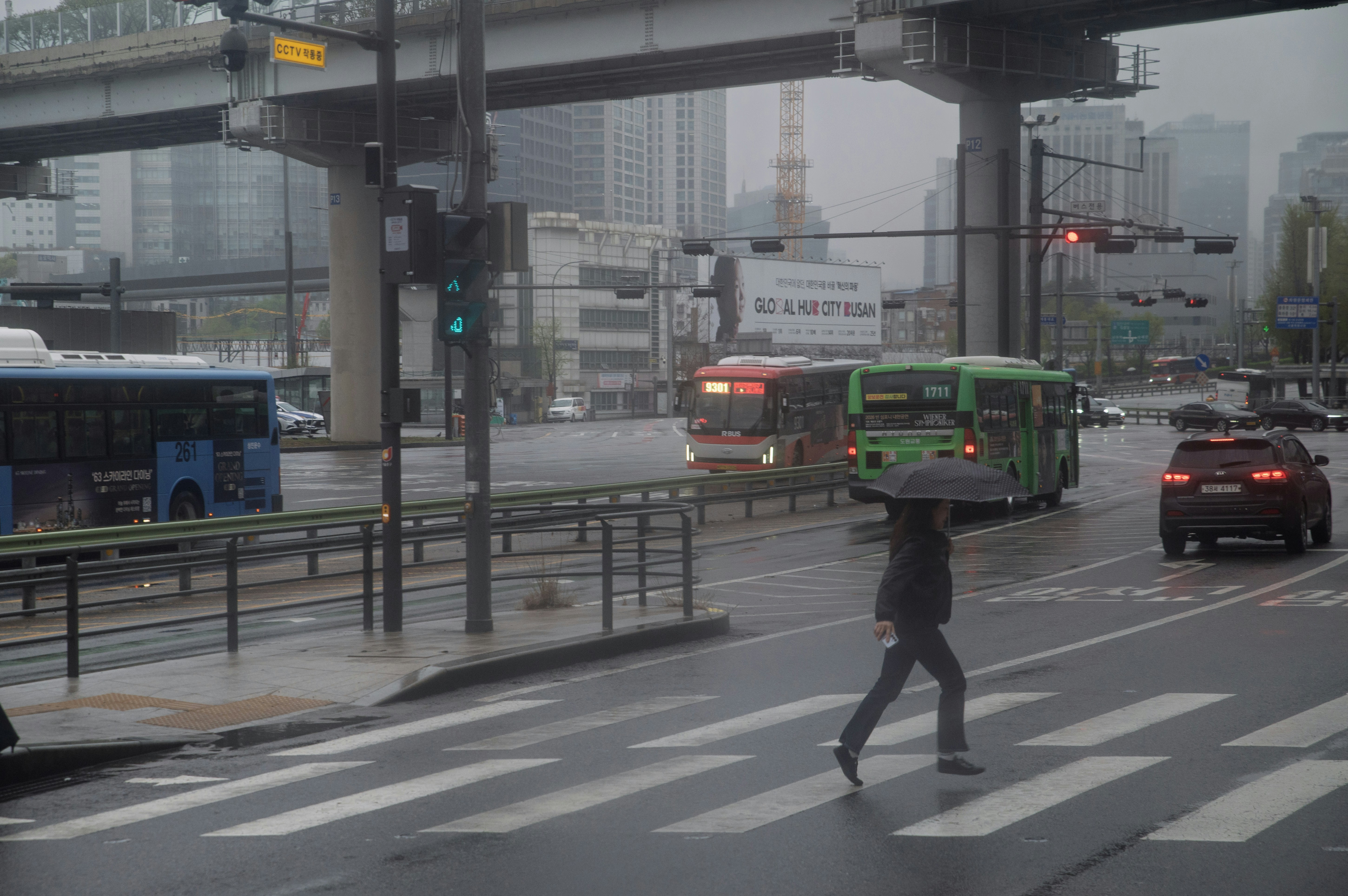 Crosswalk in the Rain: A Pedestrian Braved the Urban Corridor