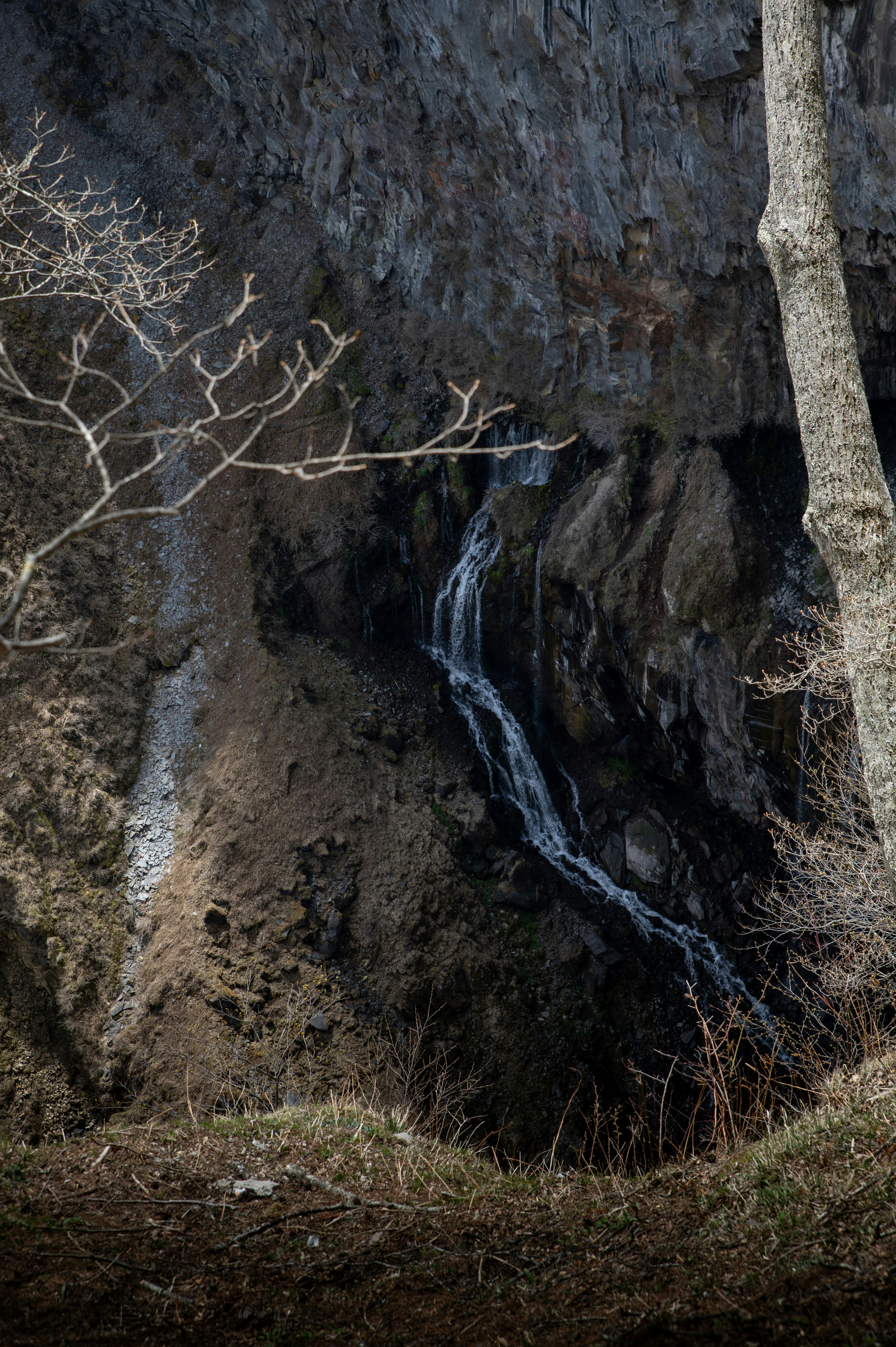 Silent Vantage: A Narrow Gorge Cascade Between Weathered Cliffs