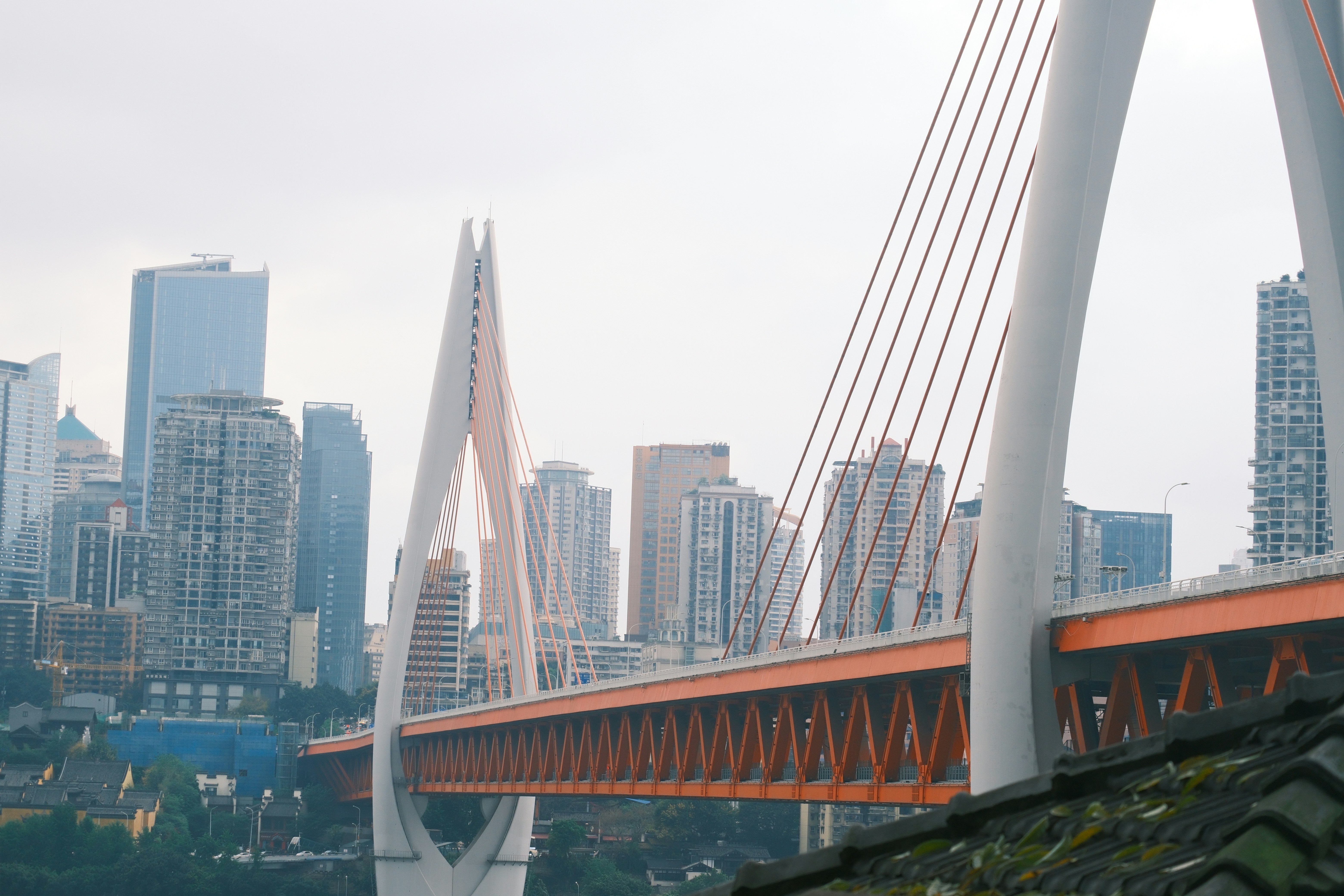 Suspended Tilt: A City Bridge Framed by Towering Skyline