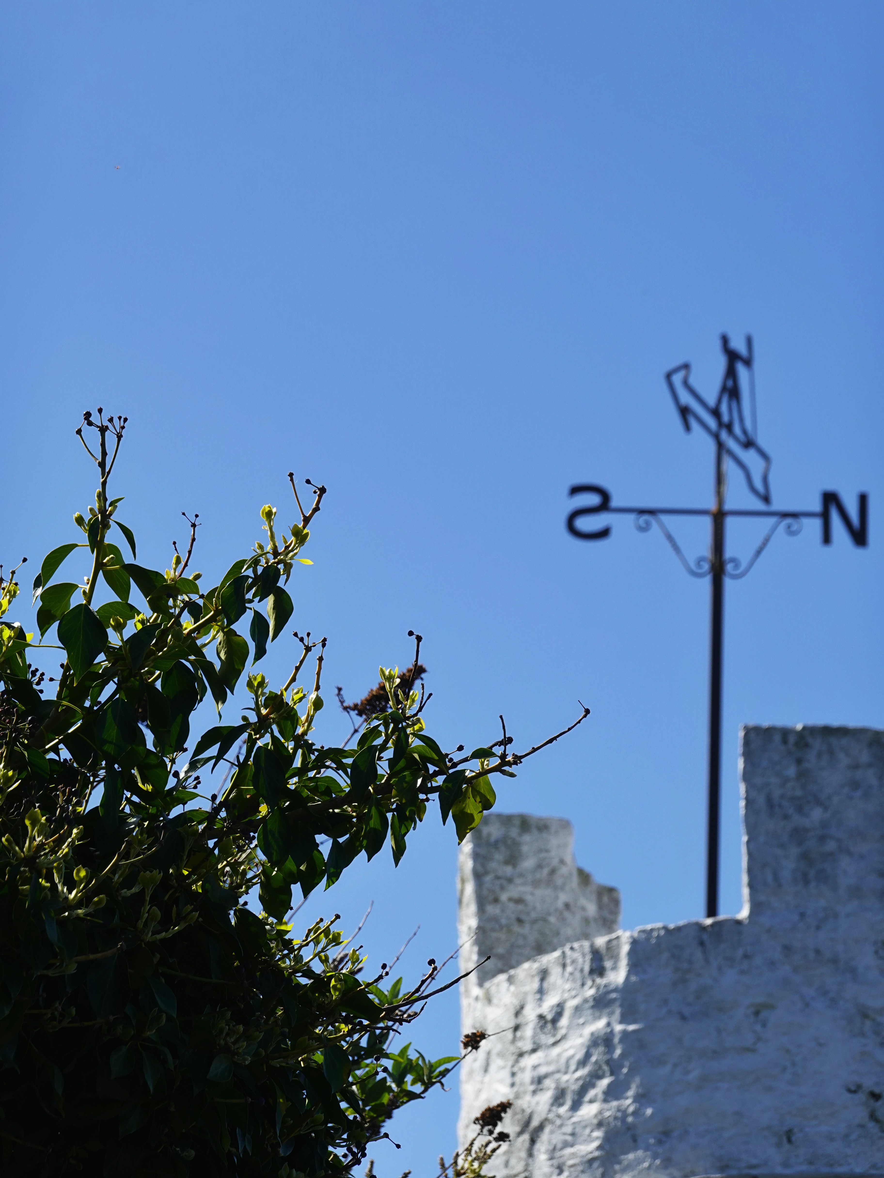 Blue Sky and Weathered Signpost: A Quiet Rooftop Moment