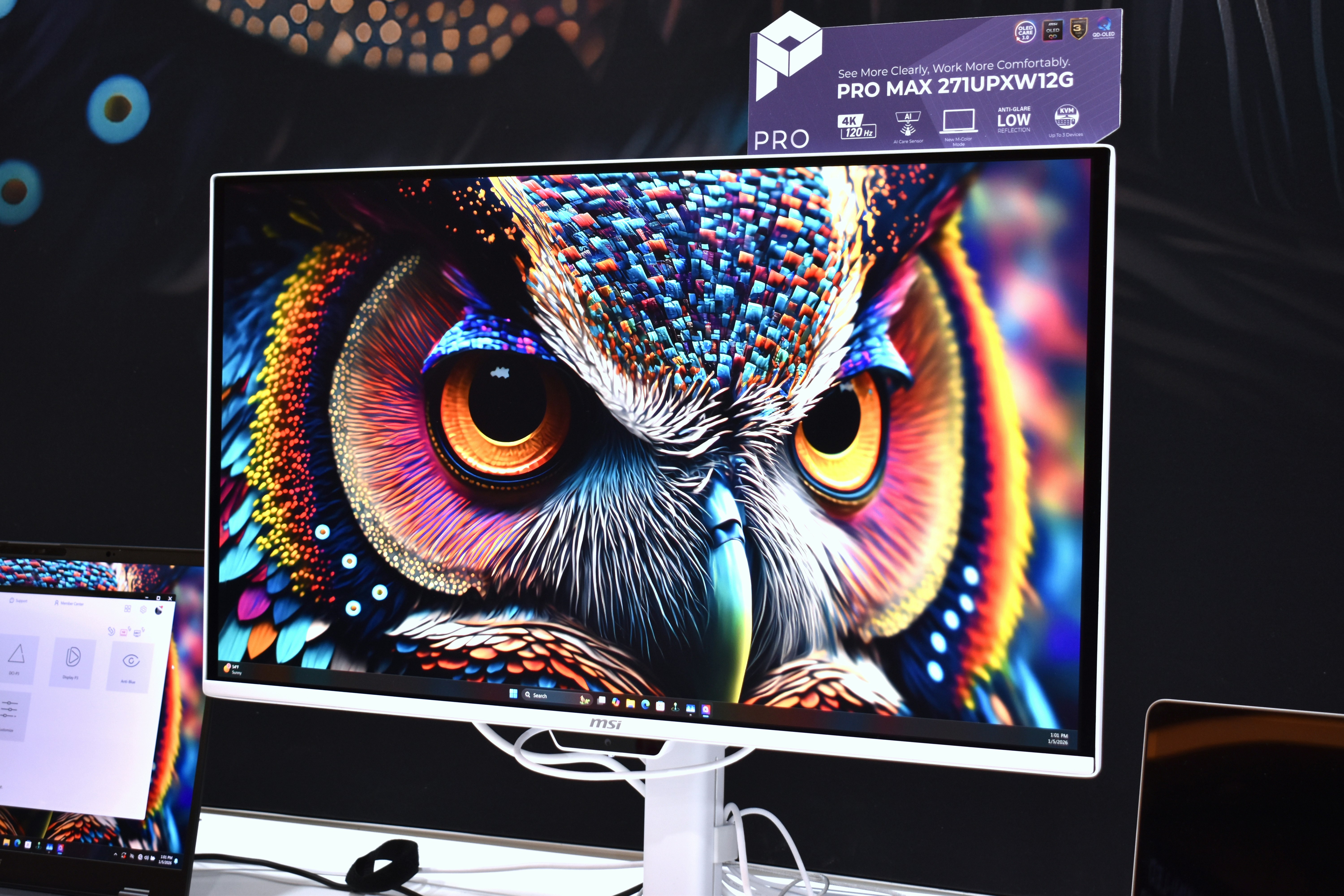 Vivid Eye Spotlight: The Owl's Gaze Captured on a Bright Monitor