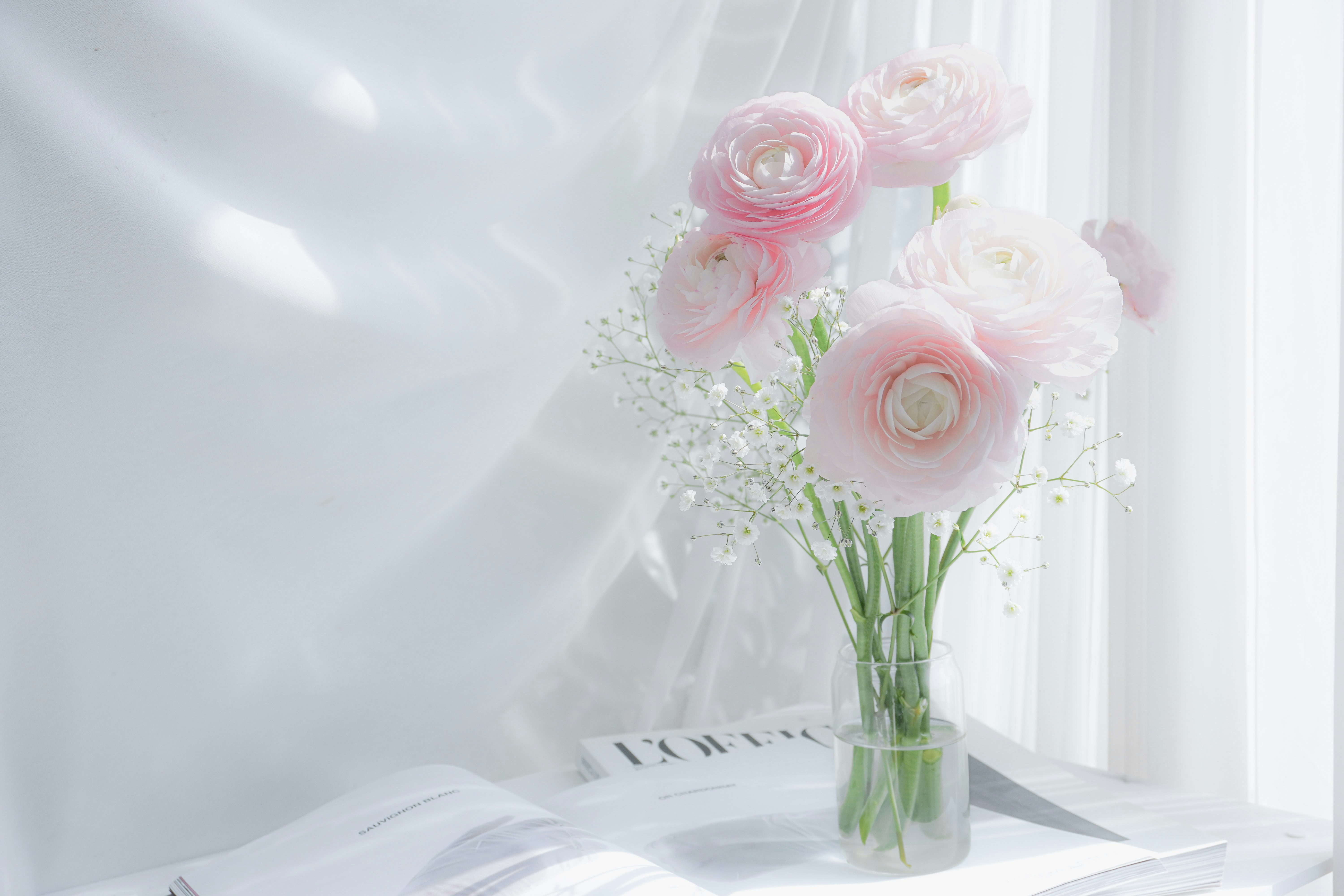 Soft Blooms in Morning Light: A Glass Vase on a White Desk