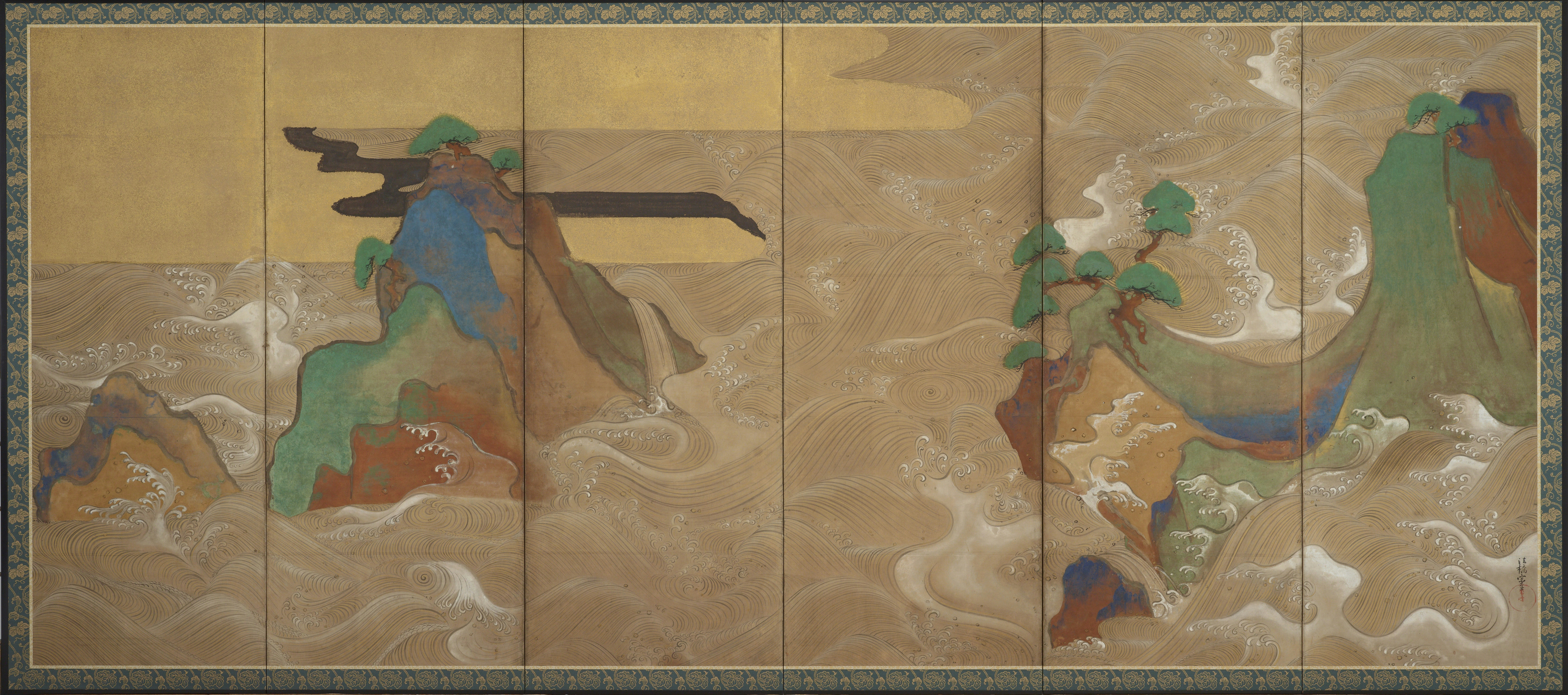 Decorative folding-screen panel depicting stylized dragon and crane figures amid swirling clouds and mountainous forms; a traditional Japanese lacquered scene highlighting mythic fauna and nature. (Artwork/painting).