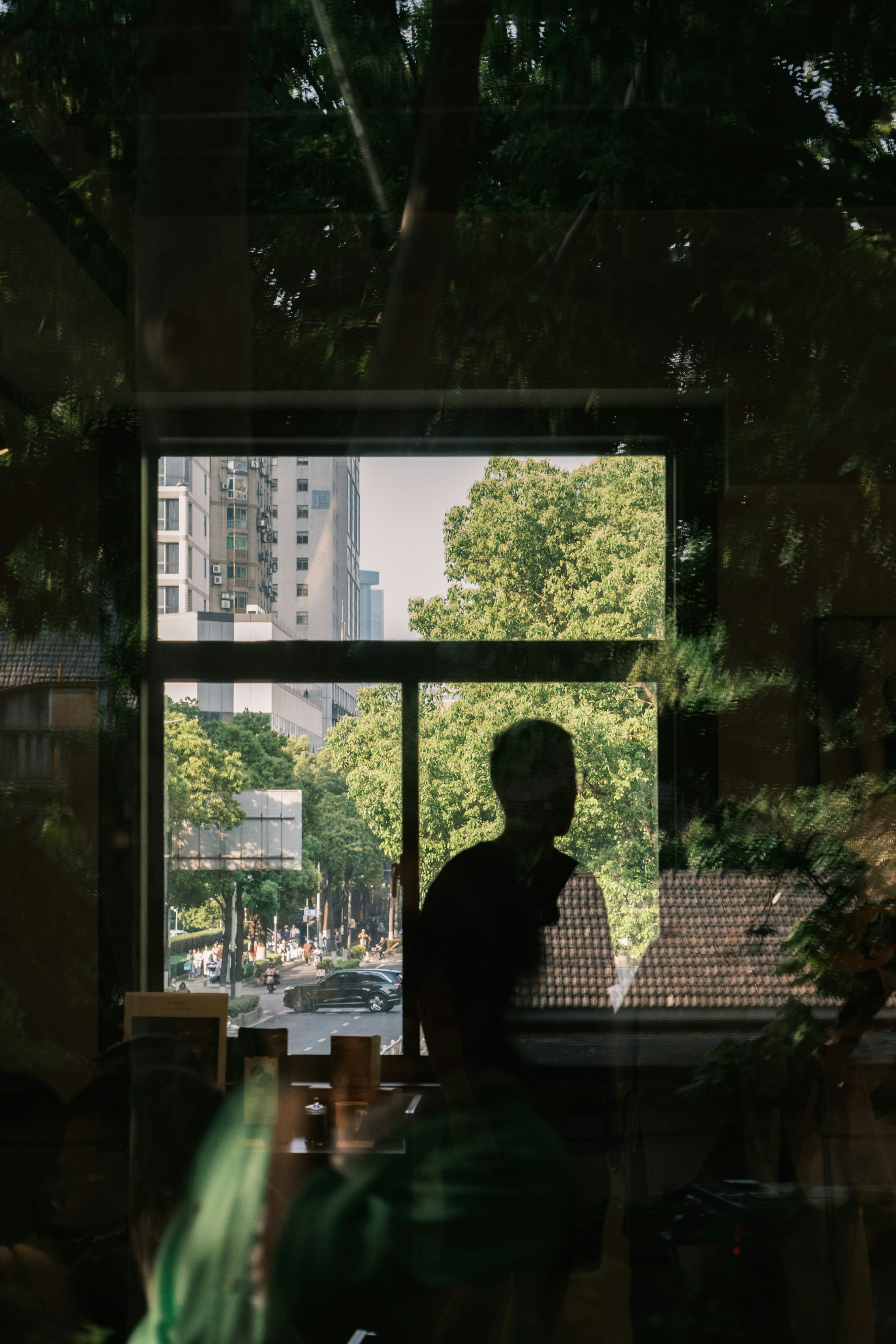 Cafe Window Reverie: A Silhouette in a City View