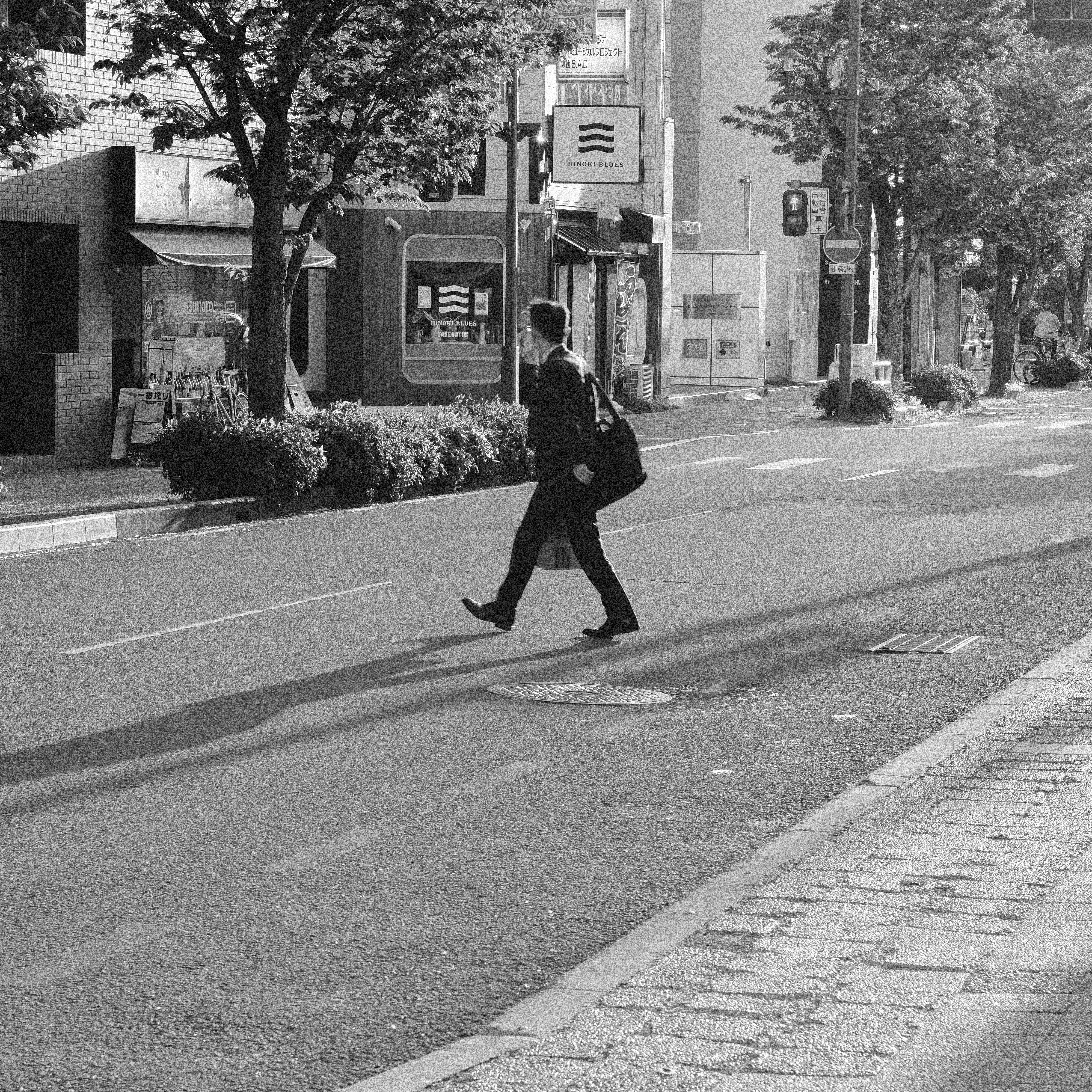Crosswalk Cadence: A Pedestrian Moves Through Morning Light