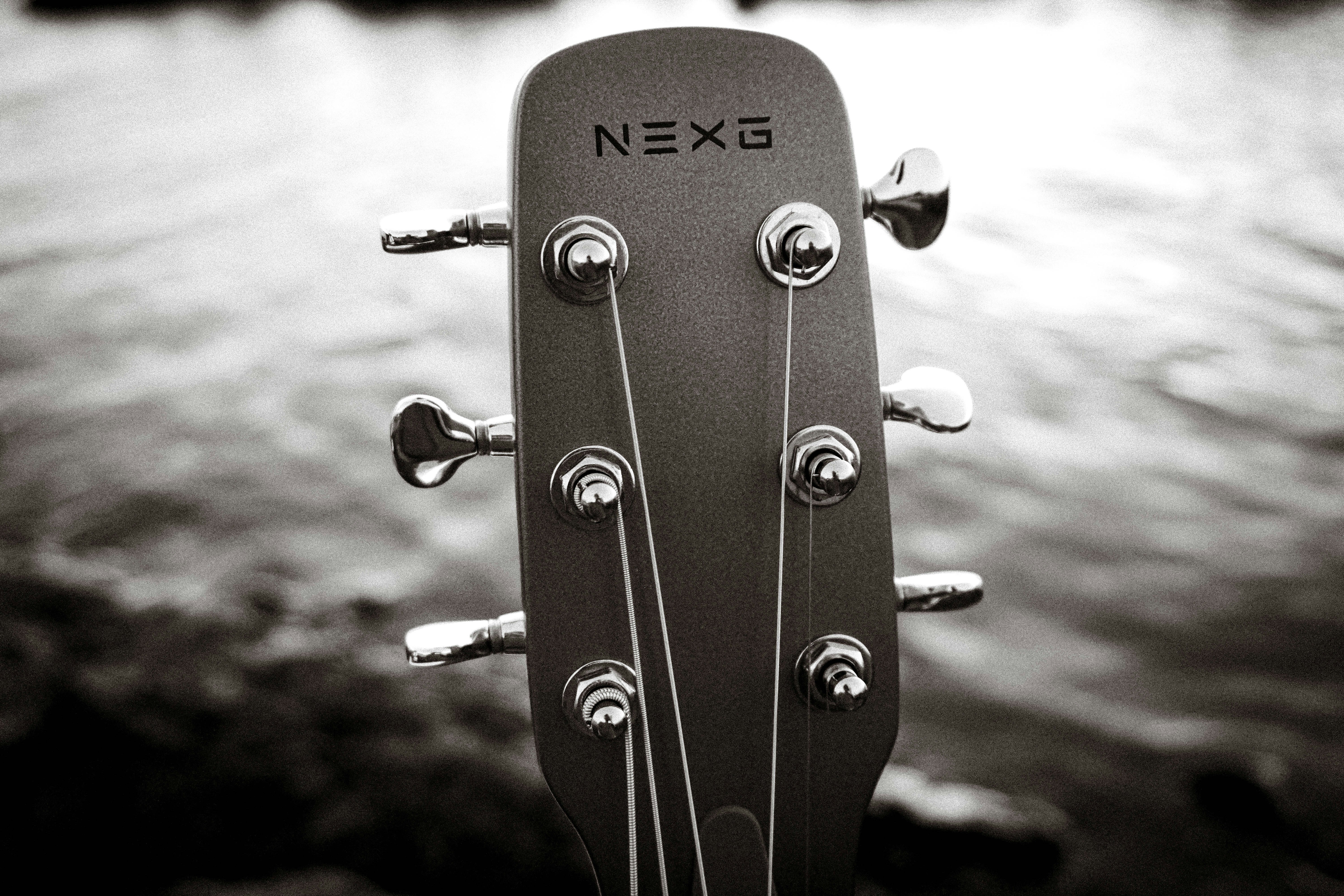 Centered NEXG Headstock: A Mono Portrait of Strings and Tuning