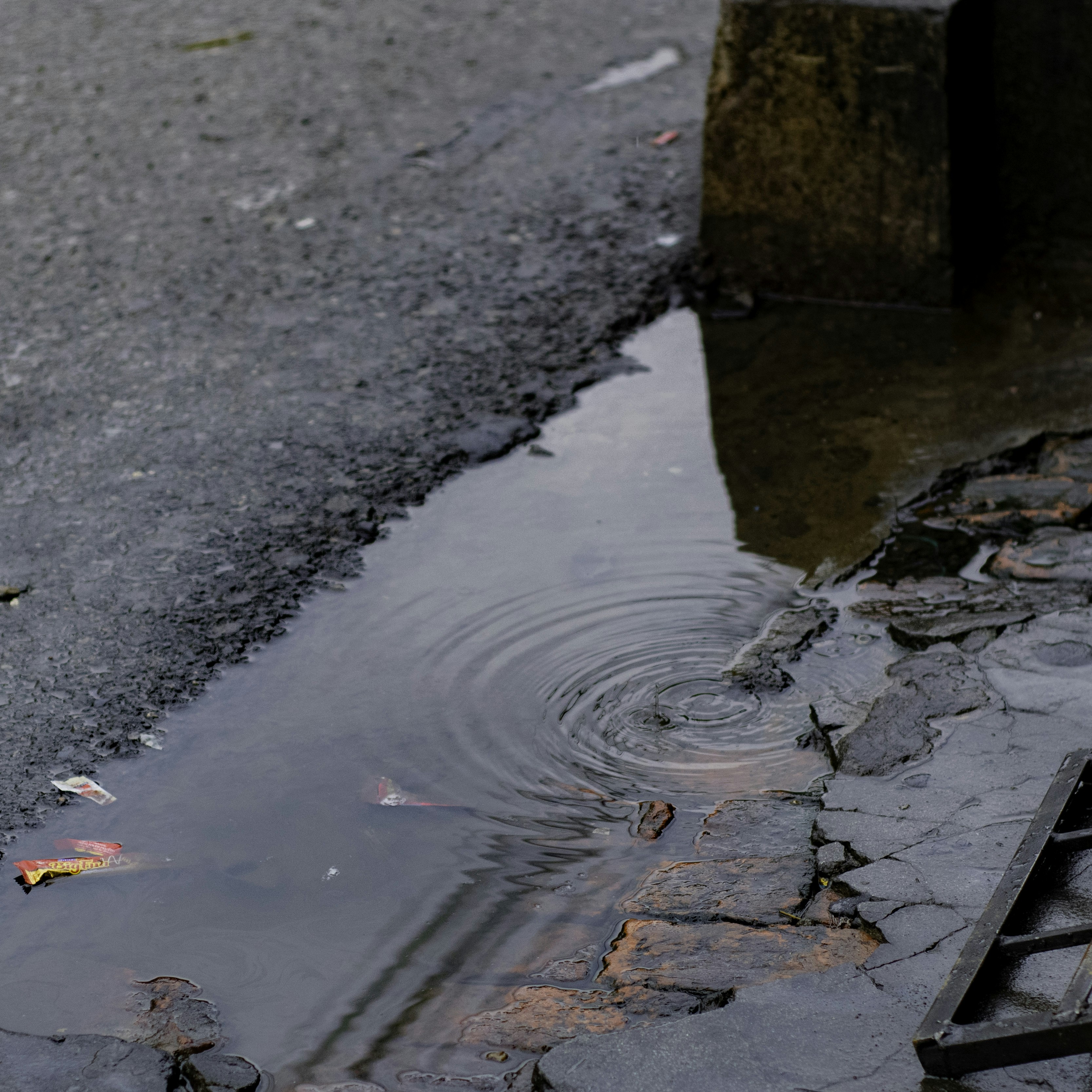 Puddle Ripples and Neon Reflections at the Edge of the Street