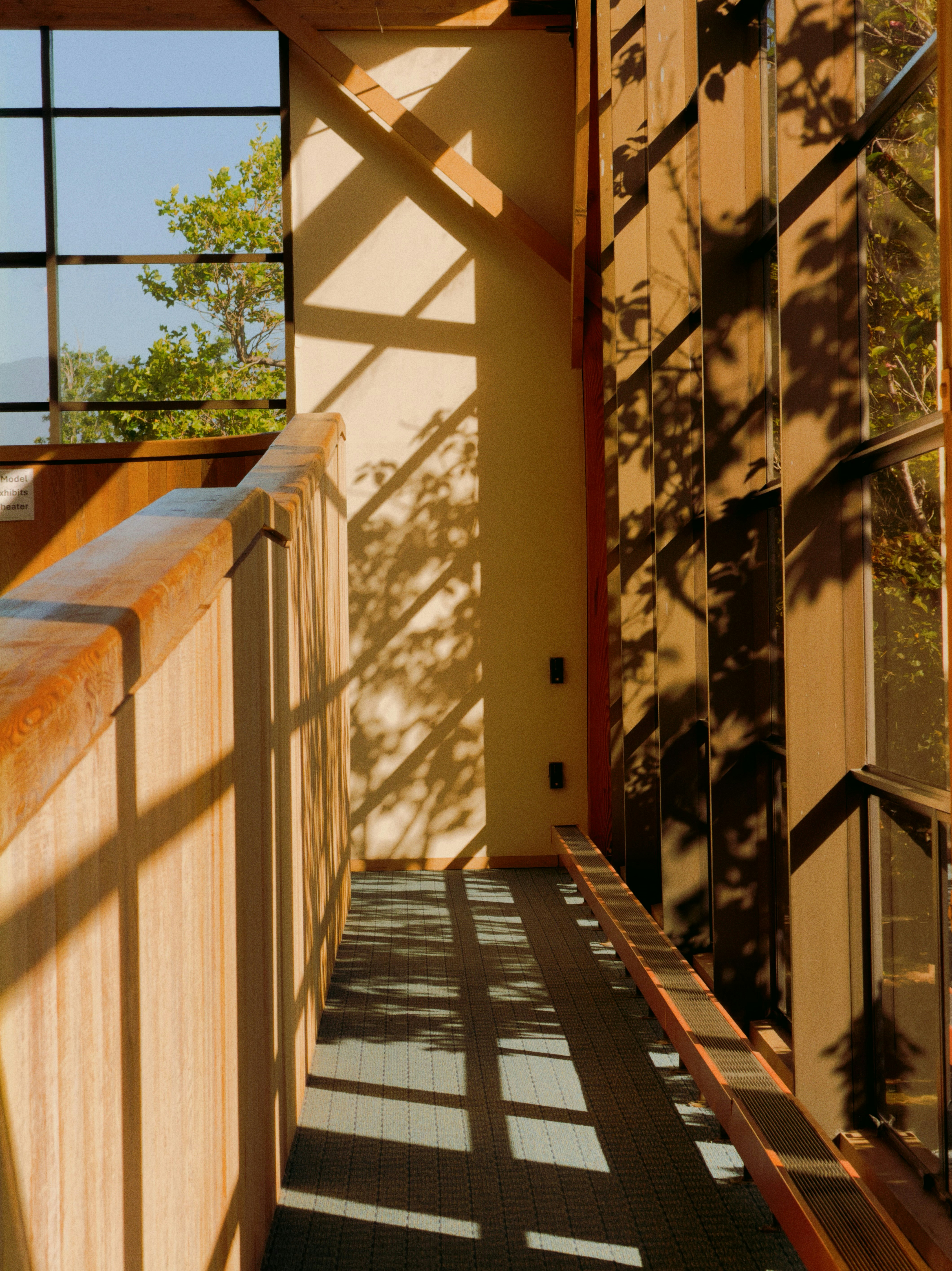 Sunlit Corridor: Lattice Shadows and Warm Railings