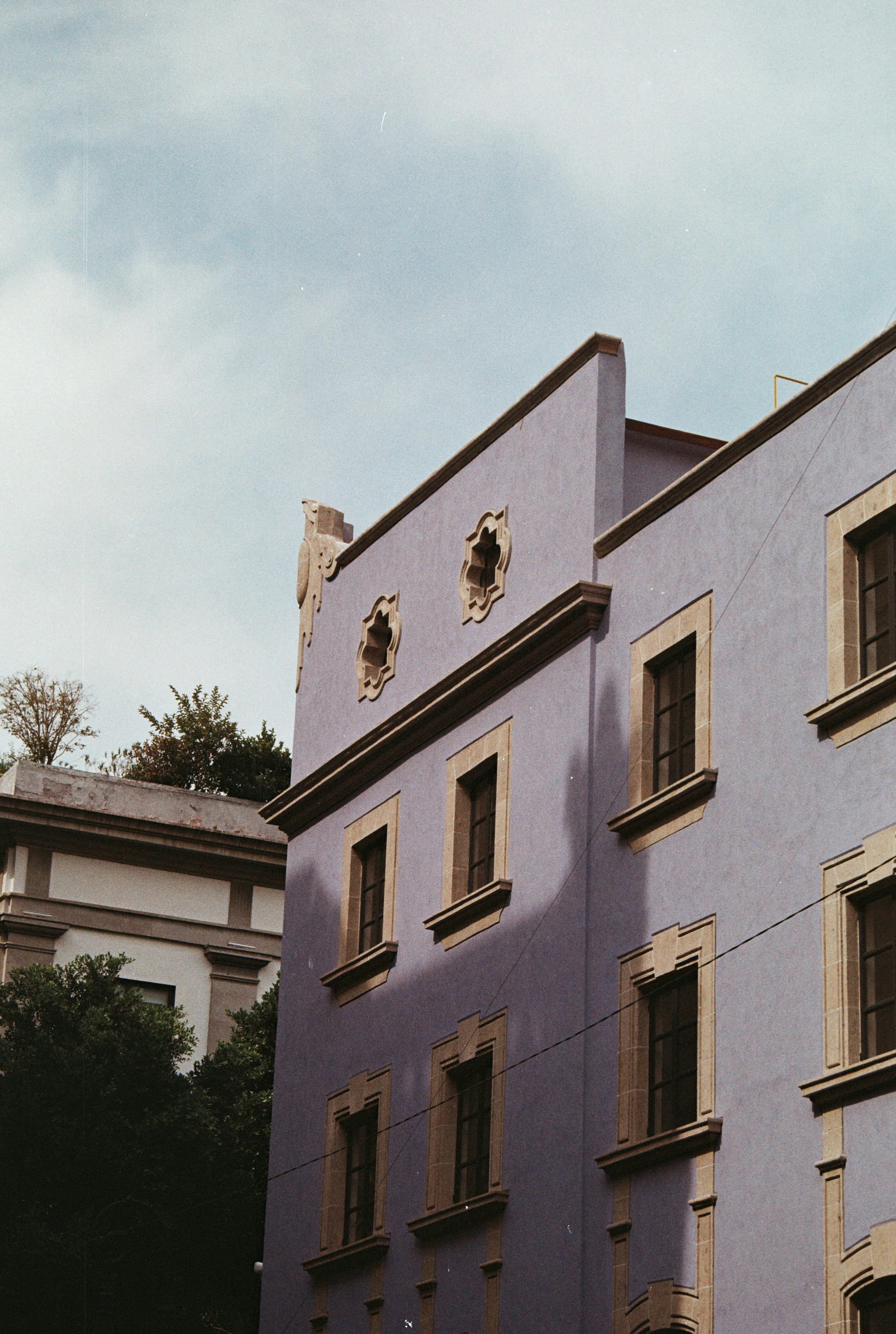 Lavender Facade: A Sunlit City Wall Reaches for the Sky