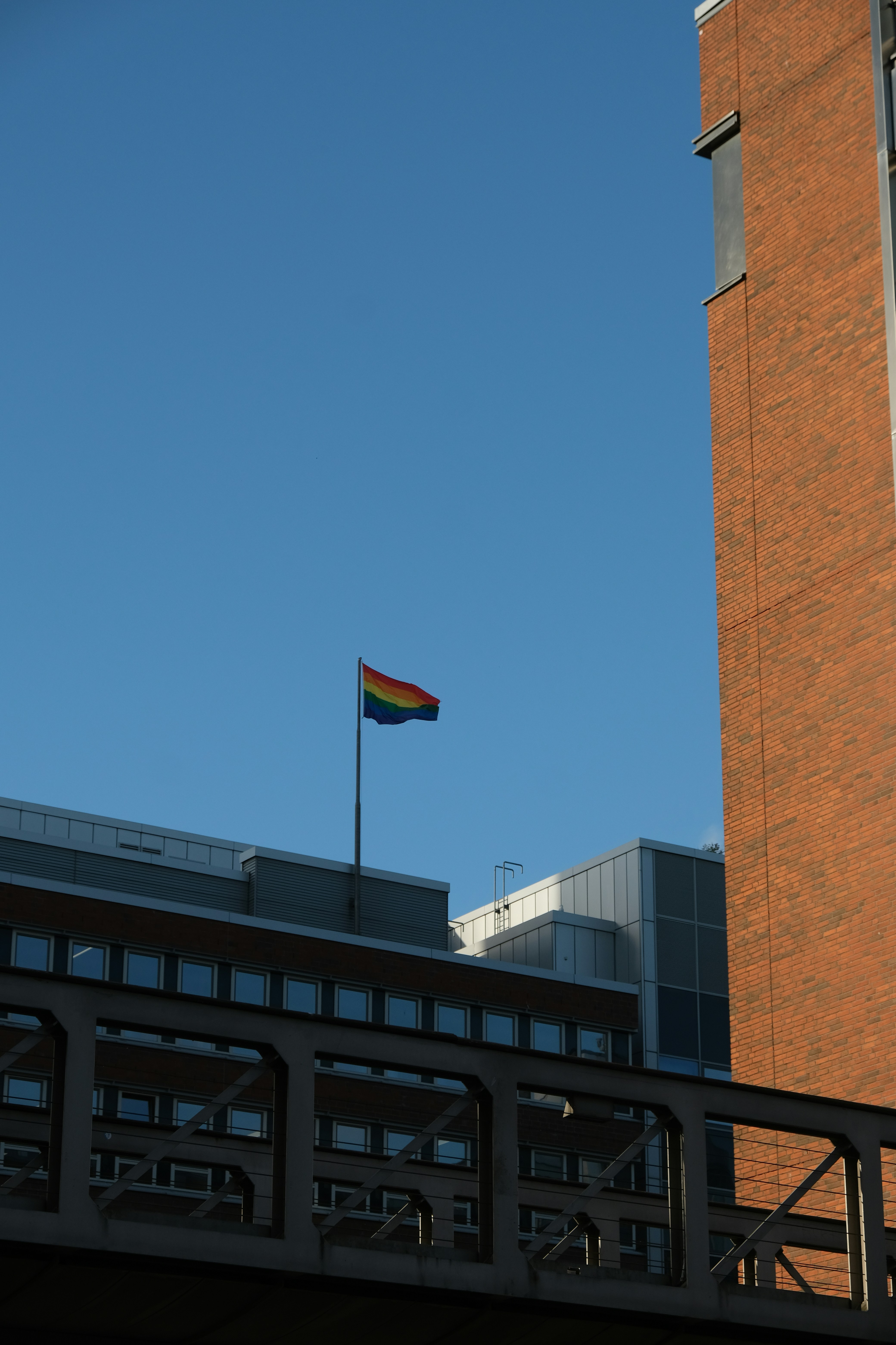 Flag on the rooftop: a rainbow beacon above urban brick and steel