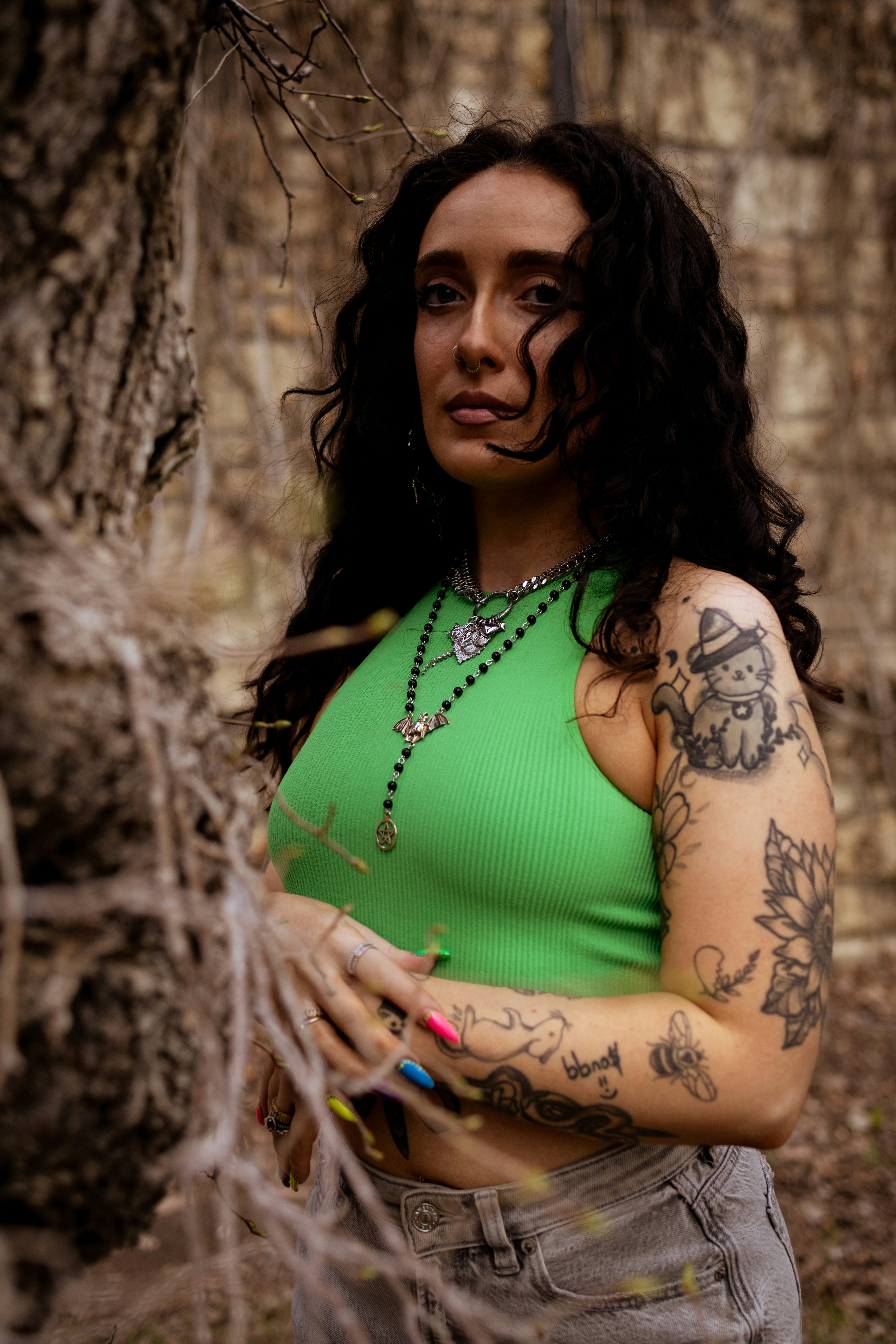 Emerald Top and Inked Silhouette in a Moonlit Forest