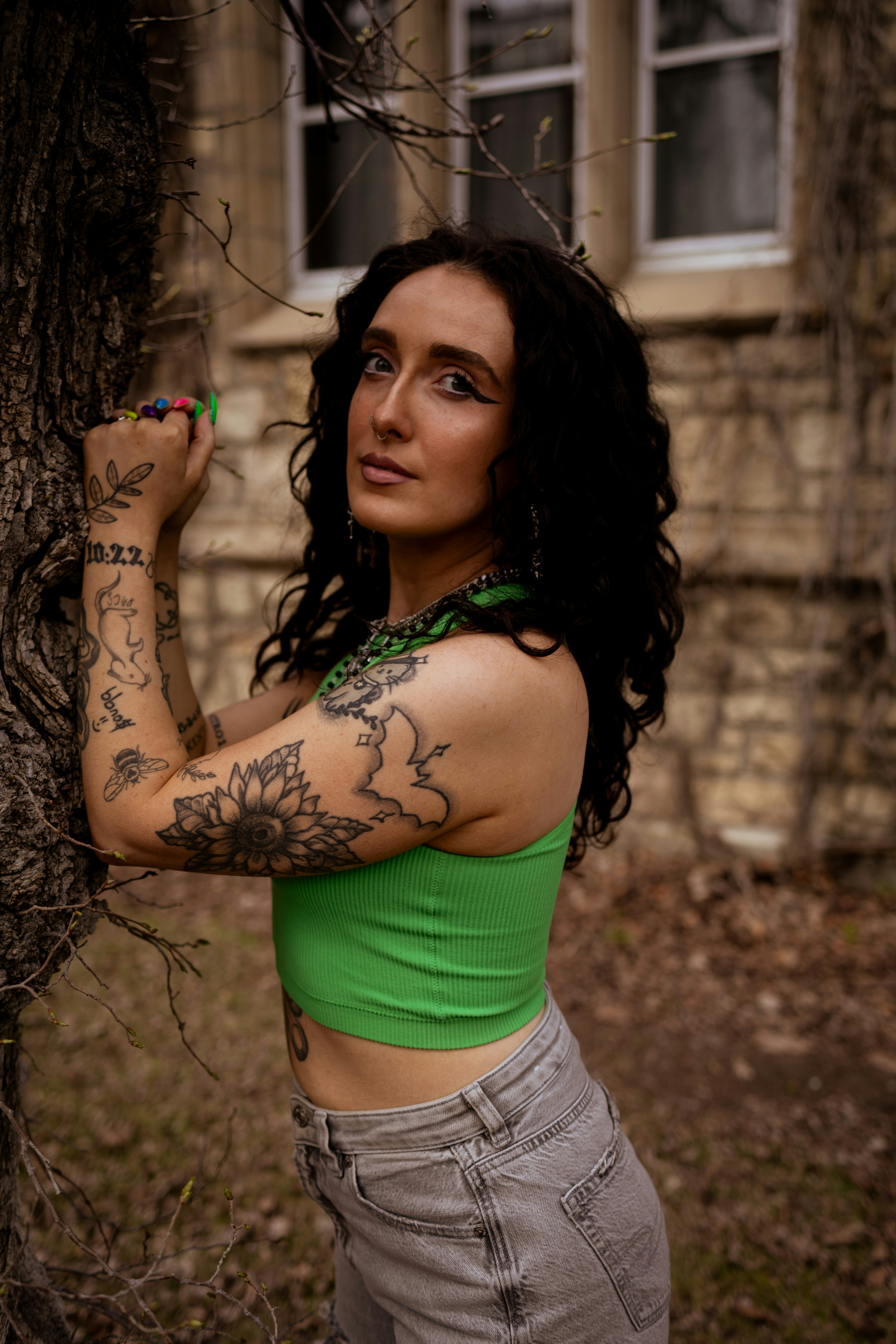 Tattooed Green Top Portrait by the Tree