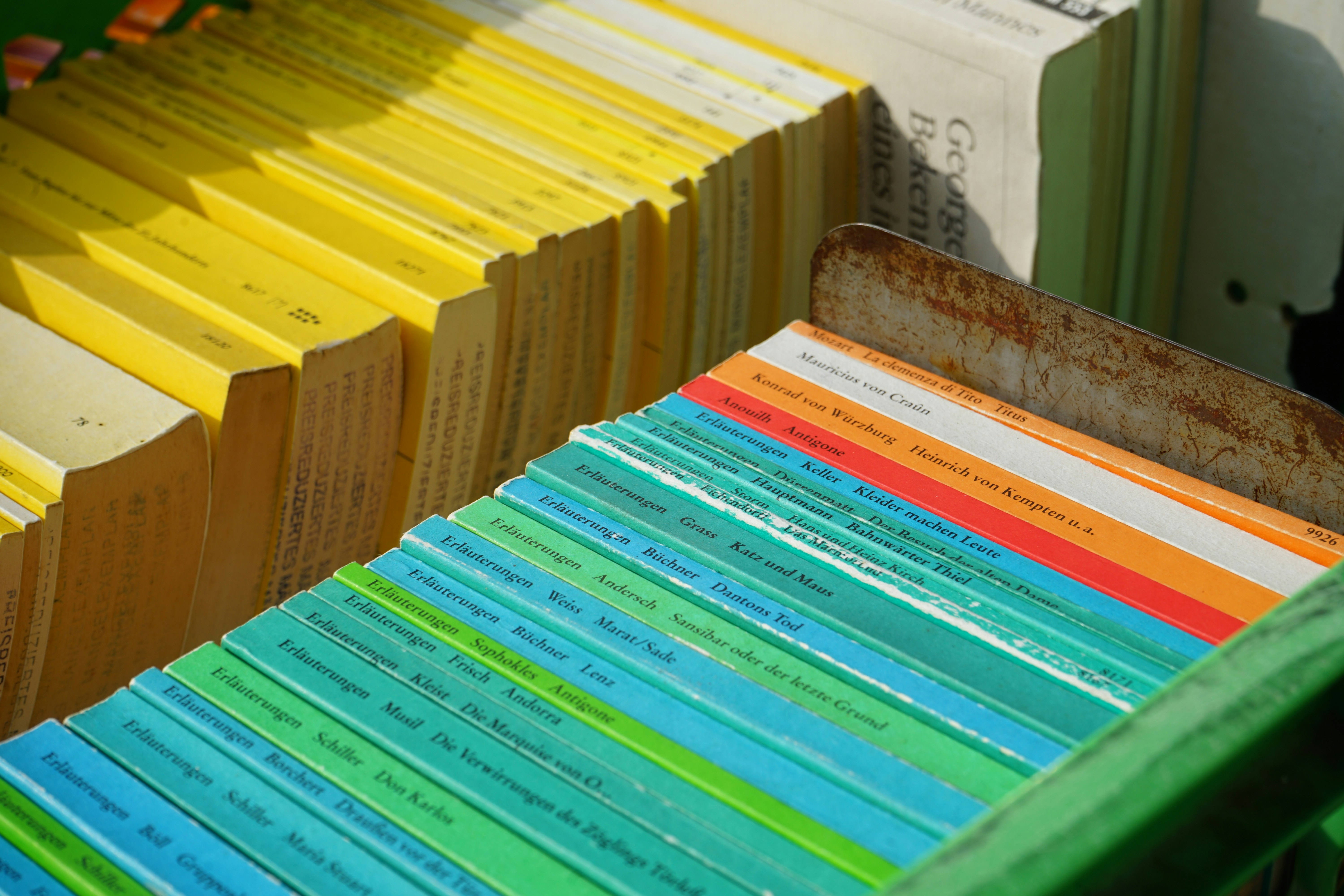 Spectrum of Spines: A Rainbow Row of Books in a Green Box
