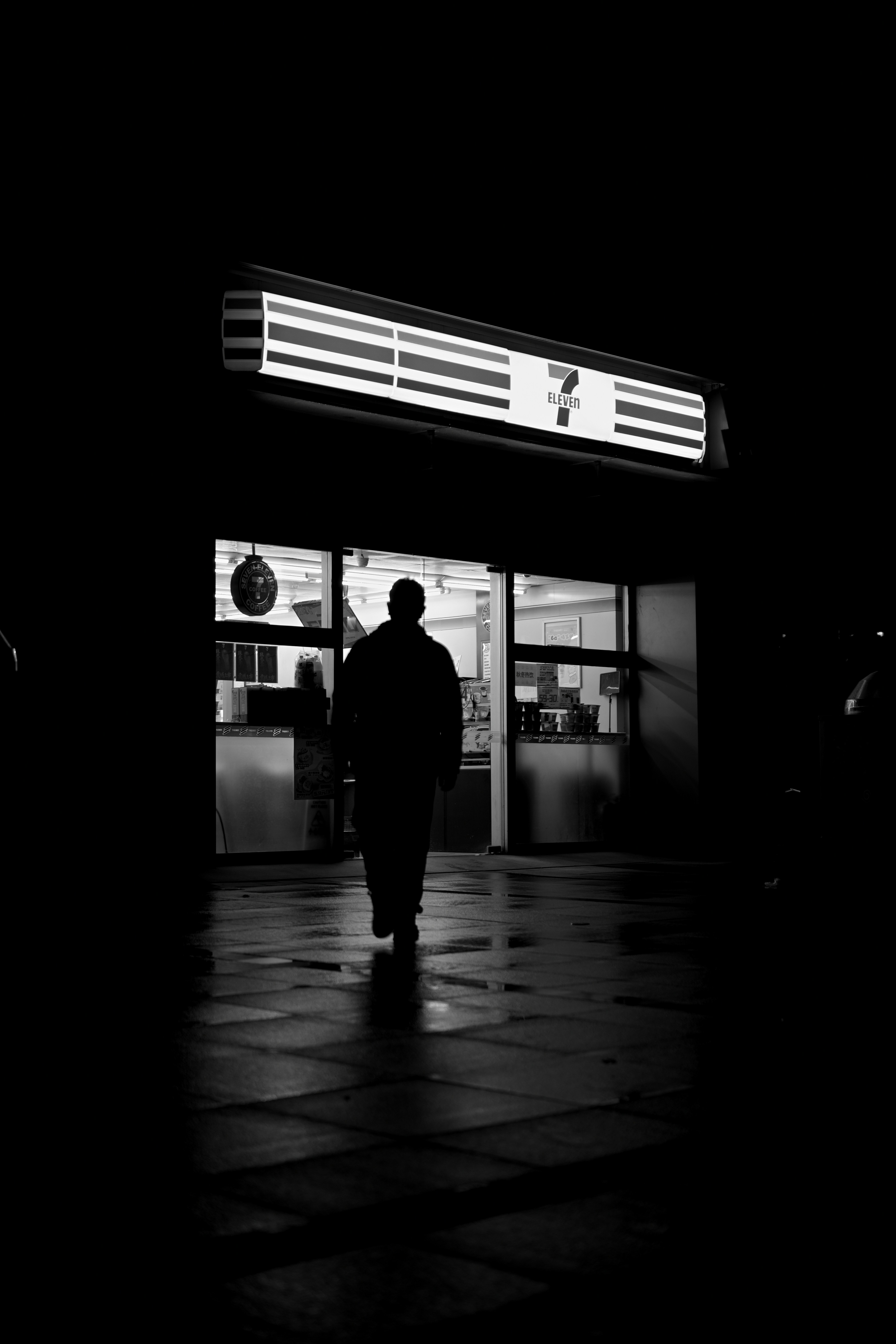 Midnight Stopover: A Lone Figure at the 7-Eleven Threshold