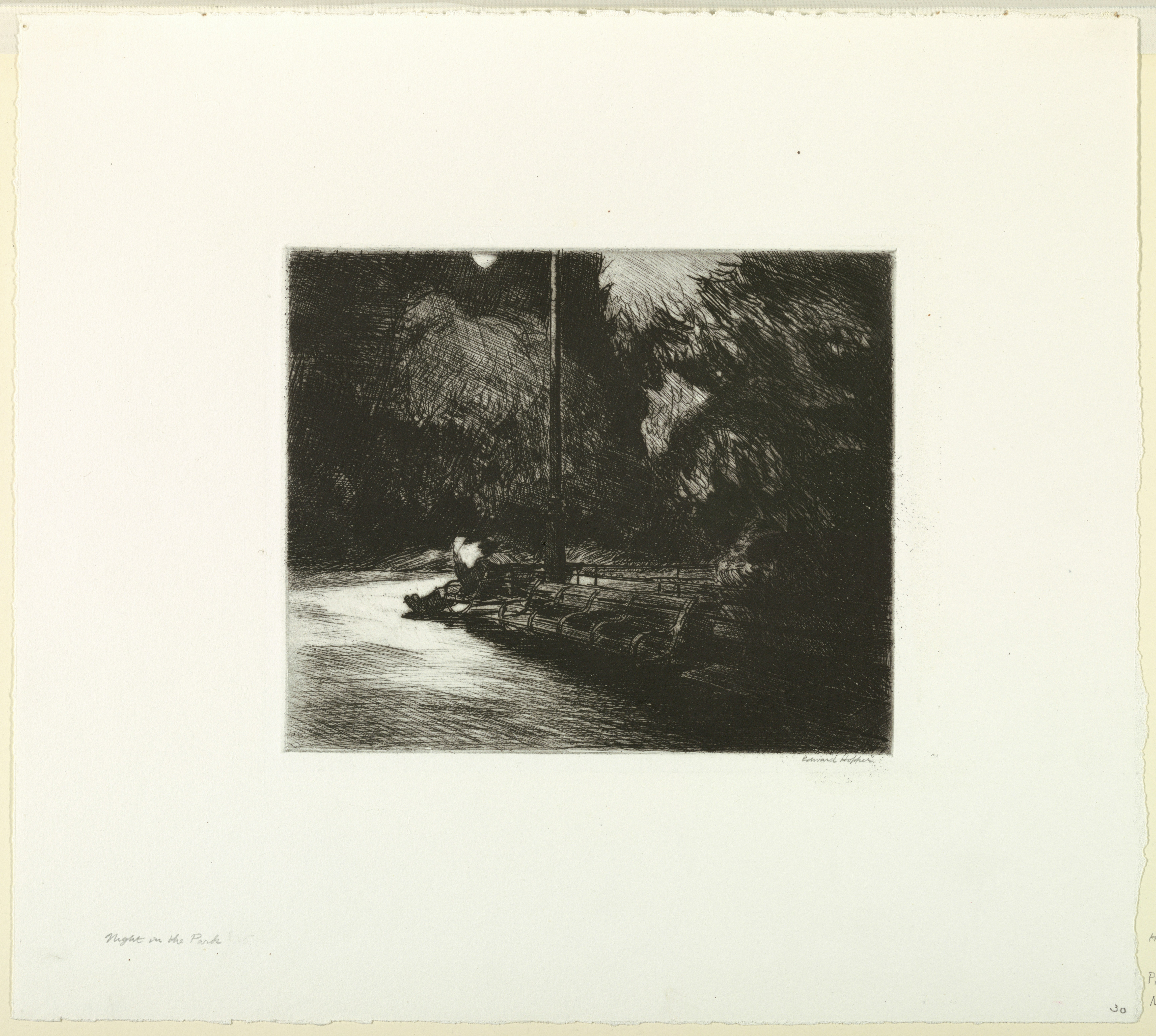 Night scene in a park. Corner of a path beneath a street lamp, with benches lining the far side. A man is seated on one bench, reading a newspaper, his back to the spectator. Artist: Edward Hopper, American, 1882–1967 Date: 1921 Object Name: Print Type: Print Medium: Etching in black ink on paper Record ID chndm_1951-166-3