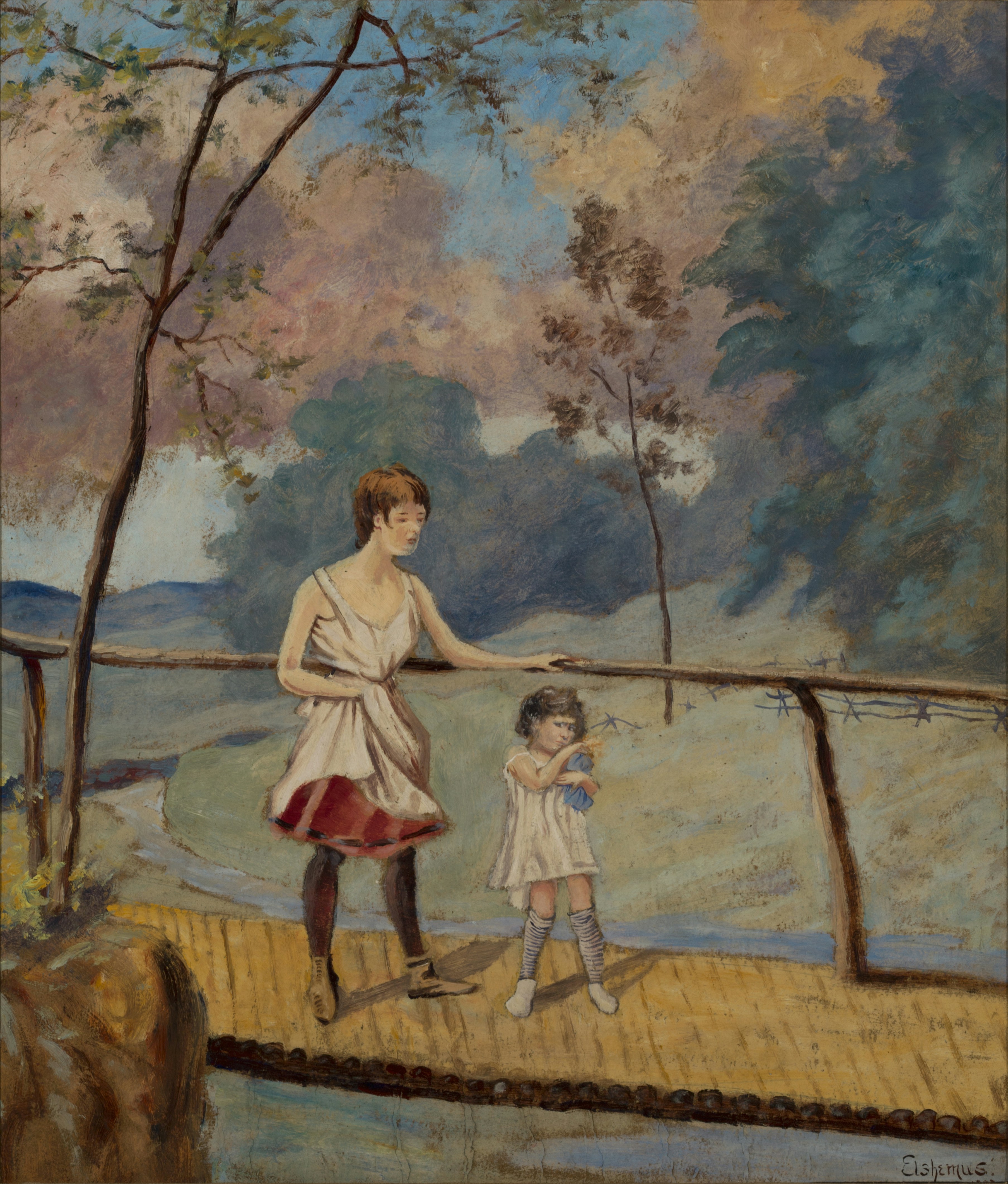 Mother and Child on a Sunlit Riverside Bridge
