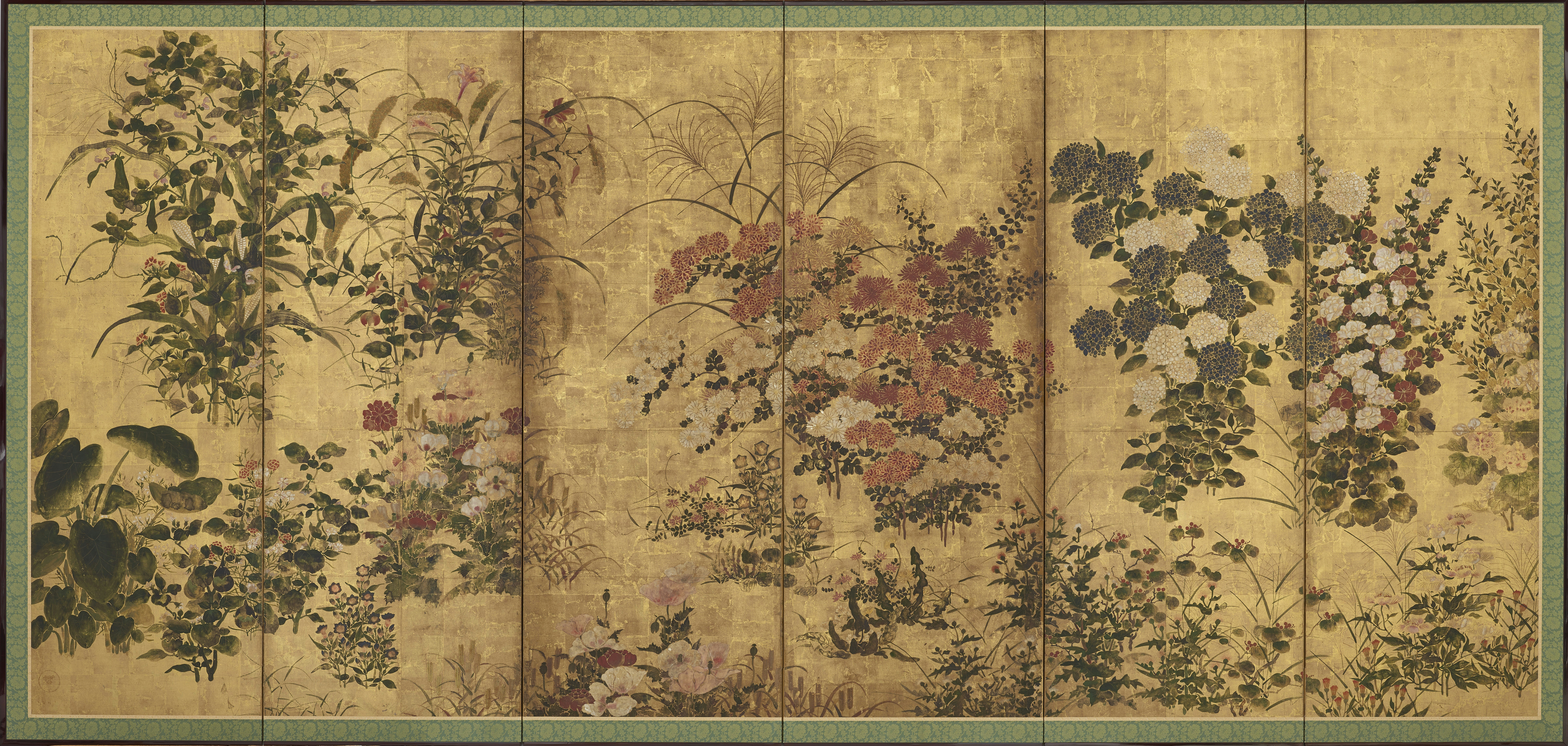 Blossoms Along a Shimmering Screen: A Panoramic Ikebana Scroll