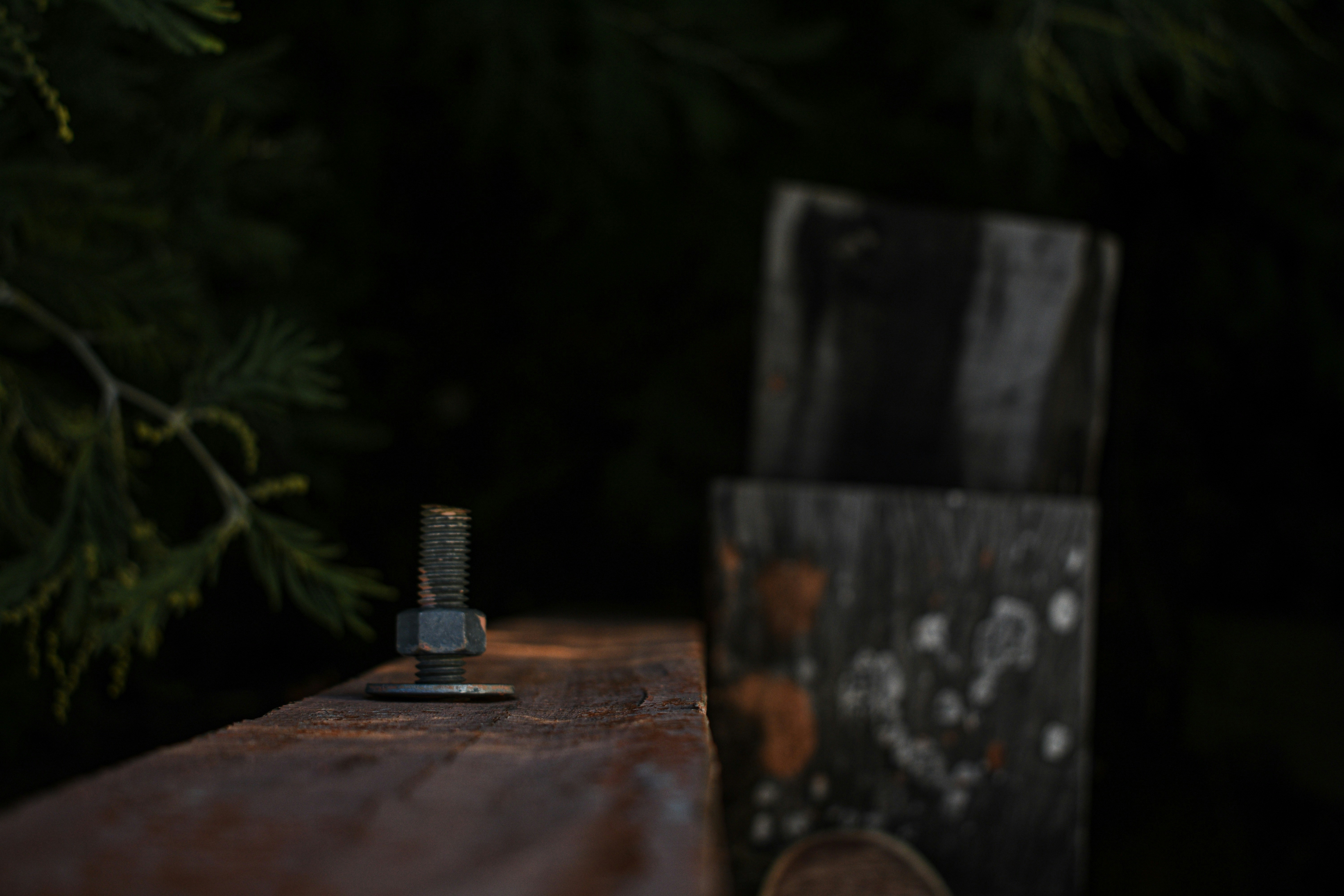 A Nut and Bolt on a Weathered Beam: Quiet Detail in Dim Light