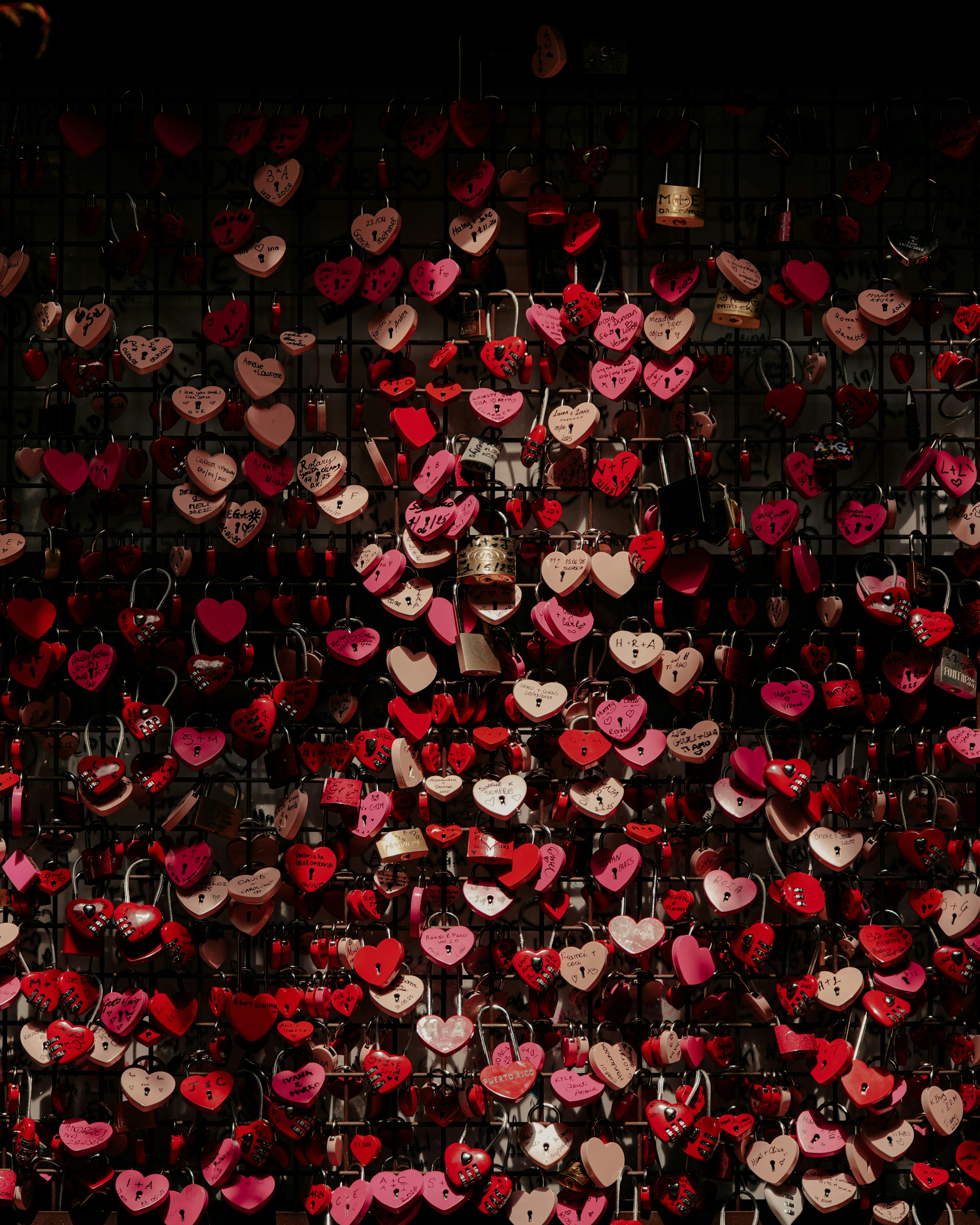Locks of Affection: A sea of heart-shaped memorials on a grid