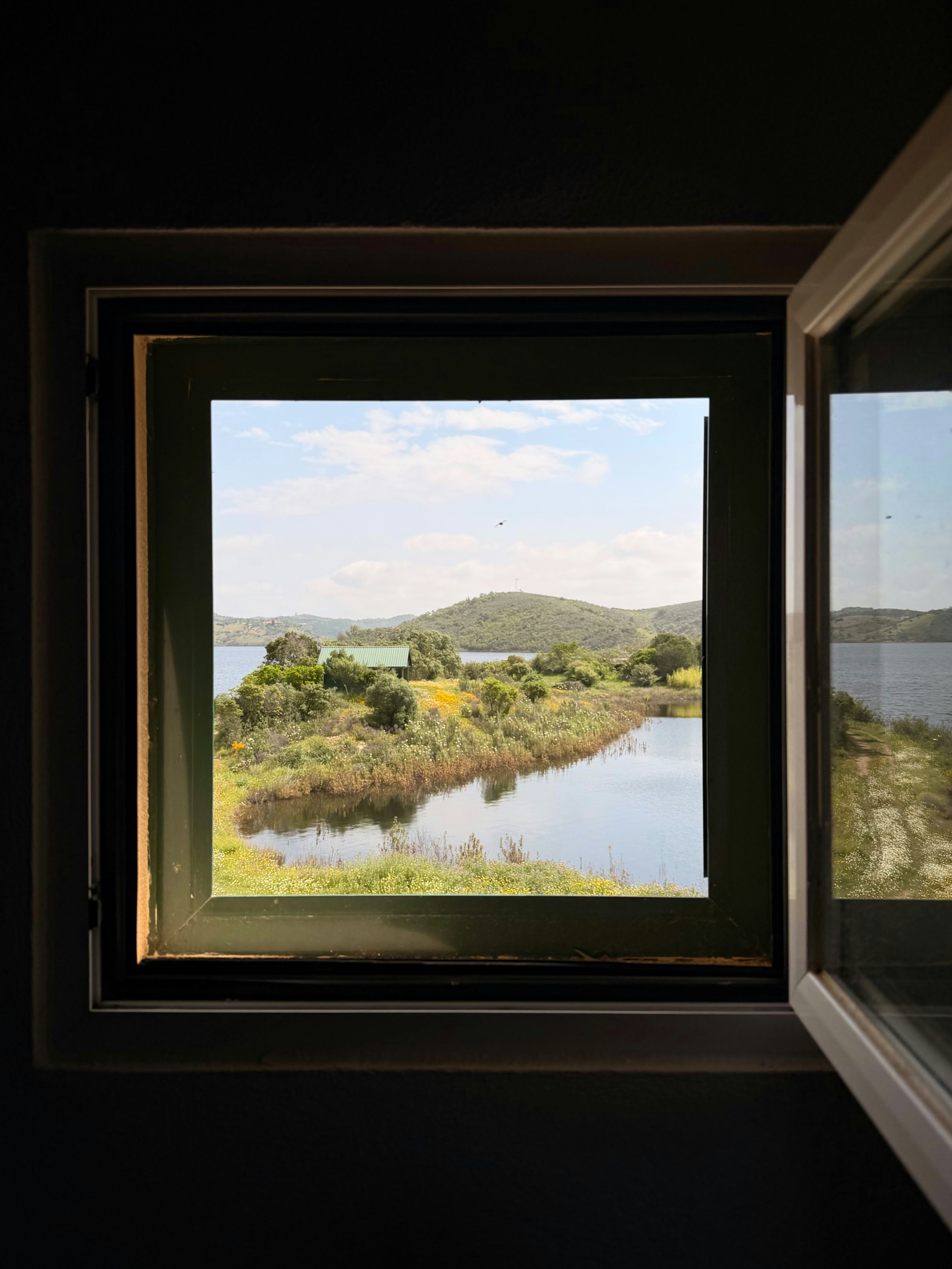 View Through a Quiet Window: A Landscape Framed by a Dark Interior