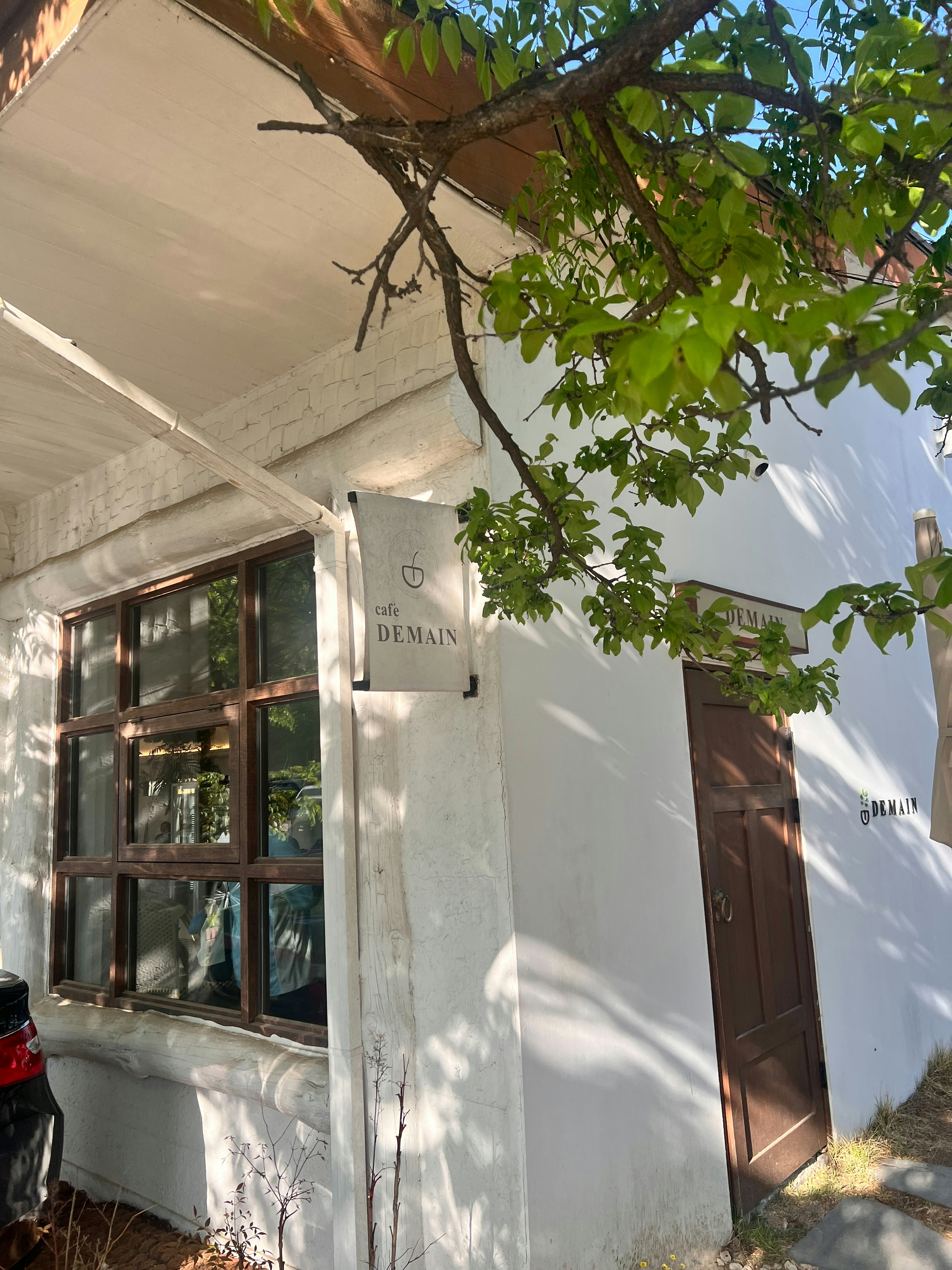 Shaded cafe sign under leafy canopy at a sunlit corner