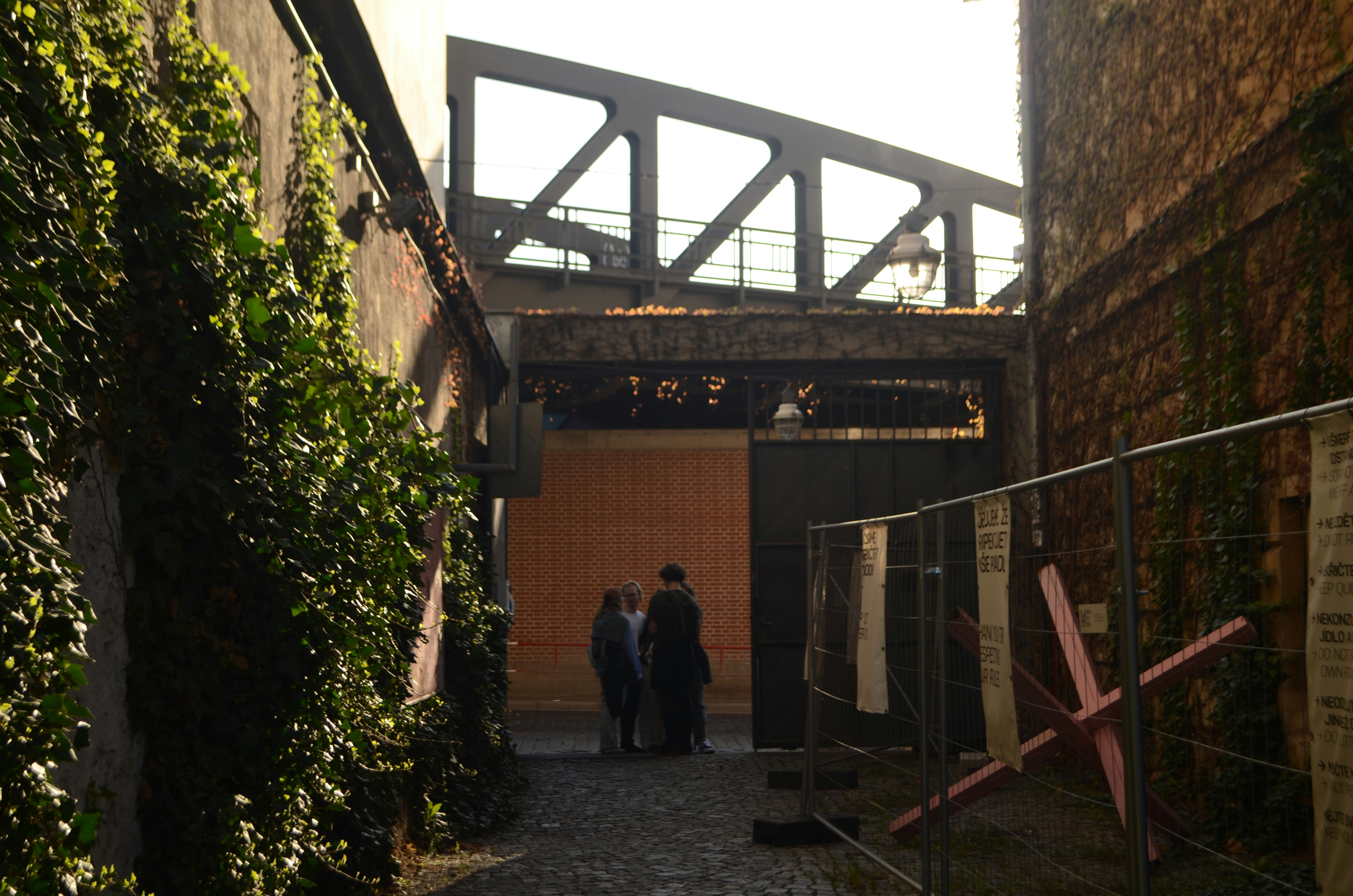 Sunlit Alleyway Meeting: Figures at the Gate