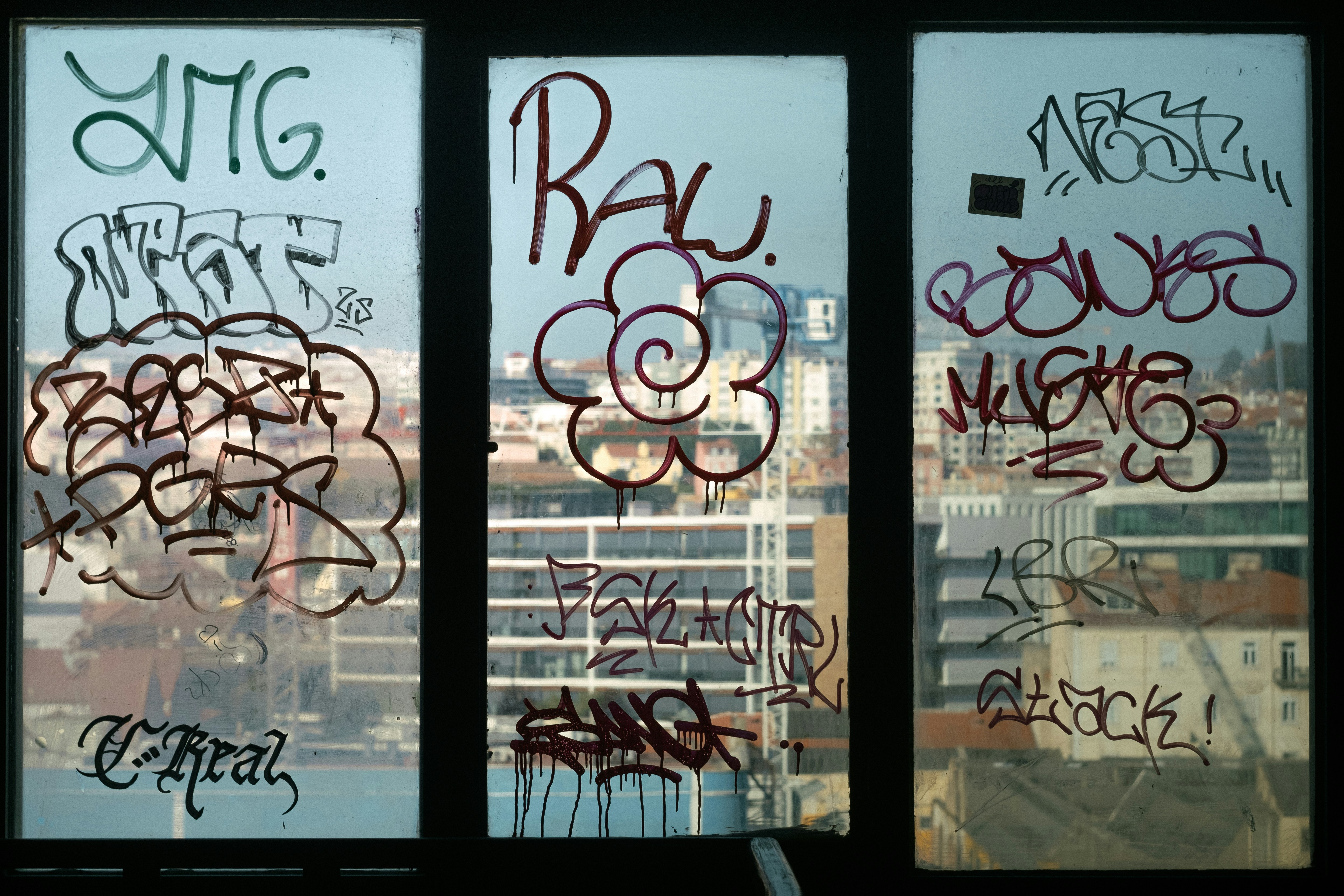 Graffiti Veil over a Distant Cityscape