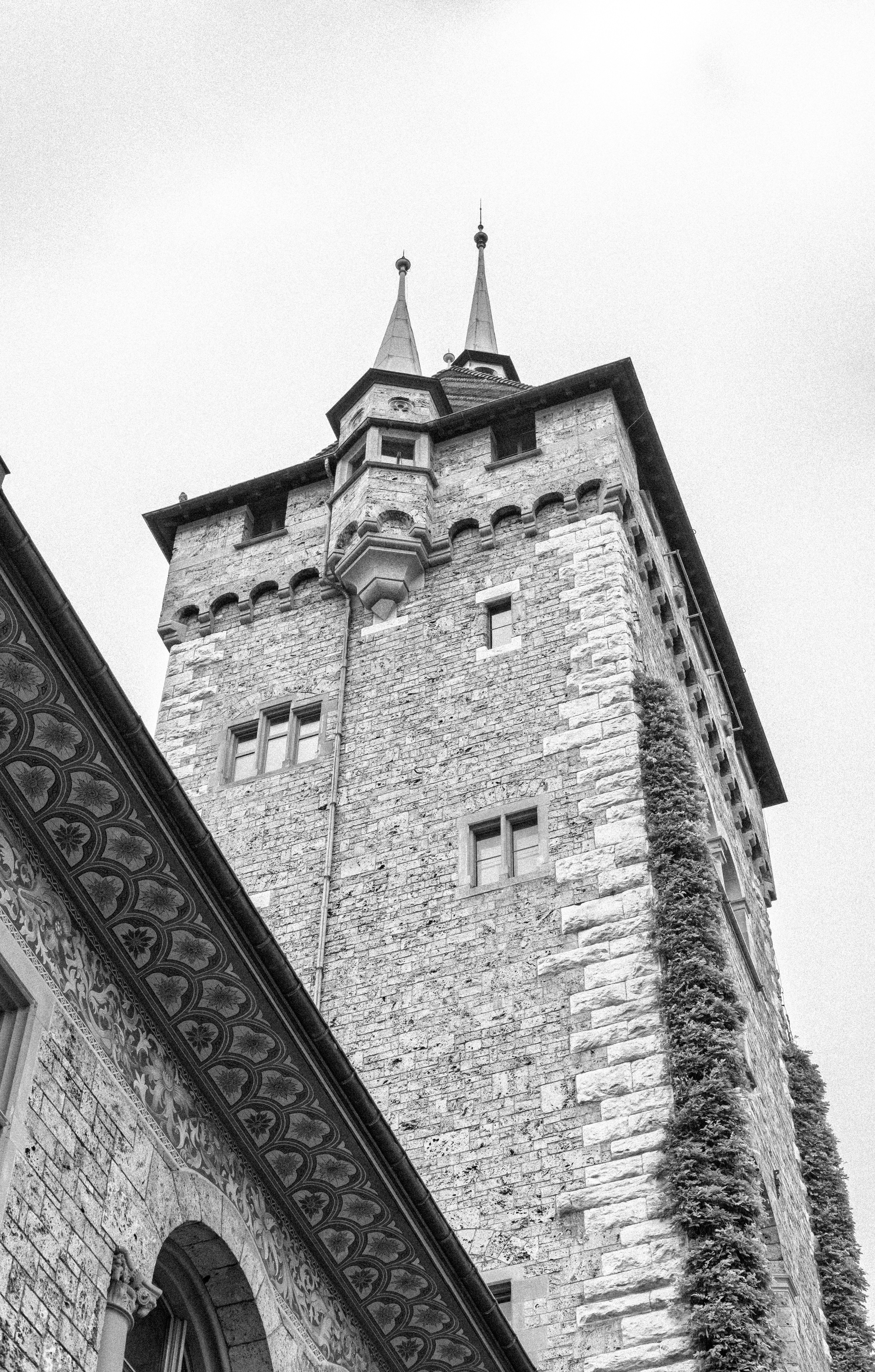 Stone Sentinel: A Towered Facade Reaching Toward the Sky