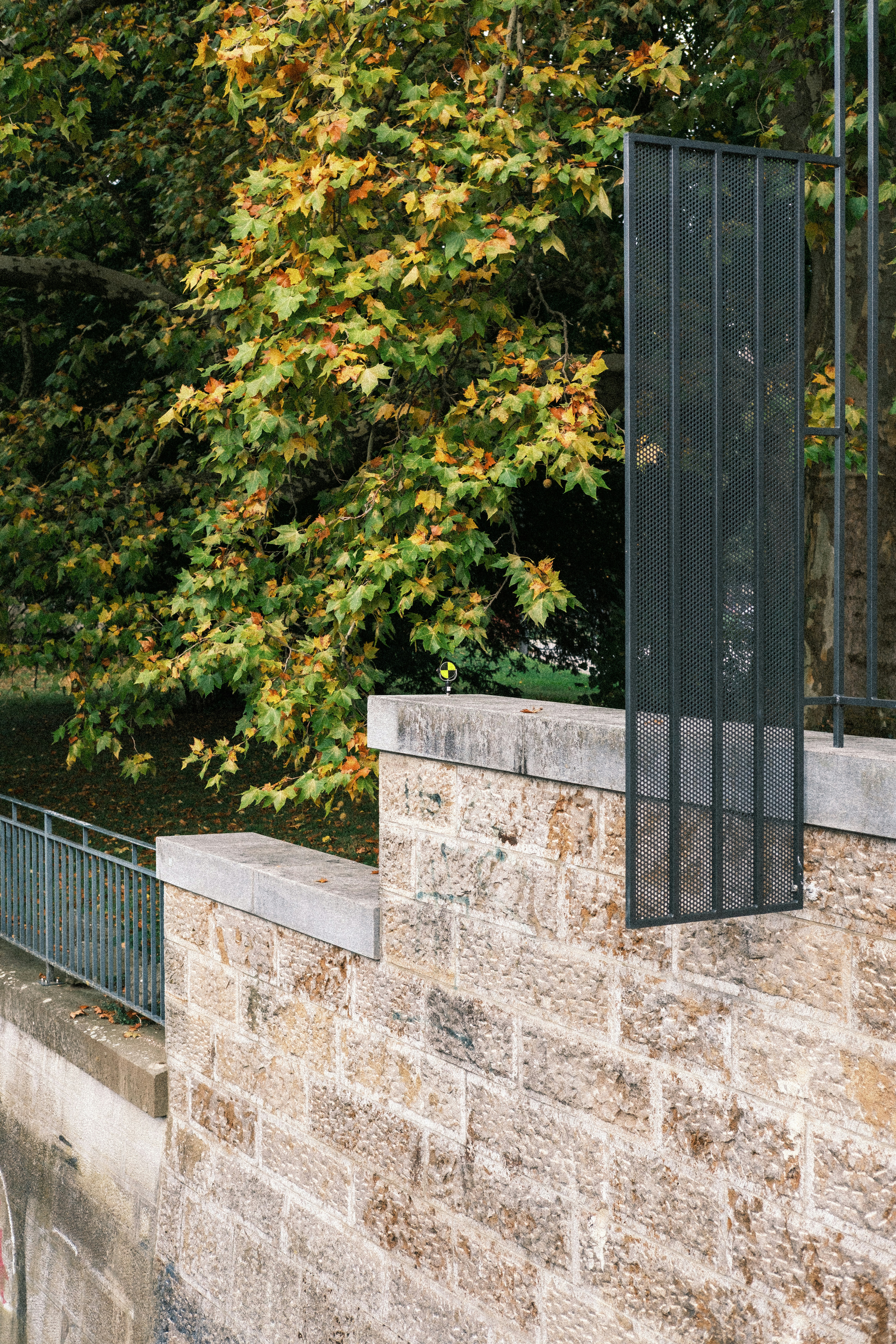 Autumn Greenery against a Stone Terrace and Metal Screen
