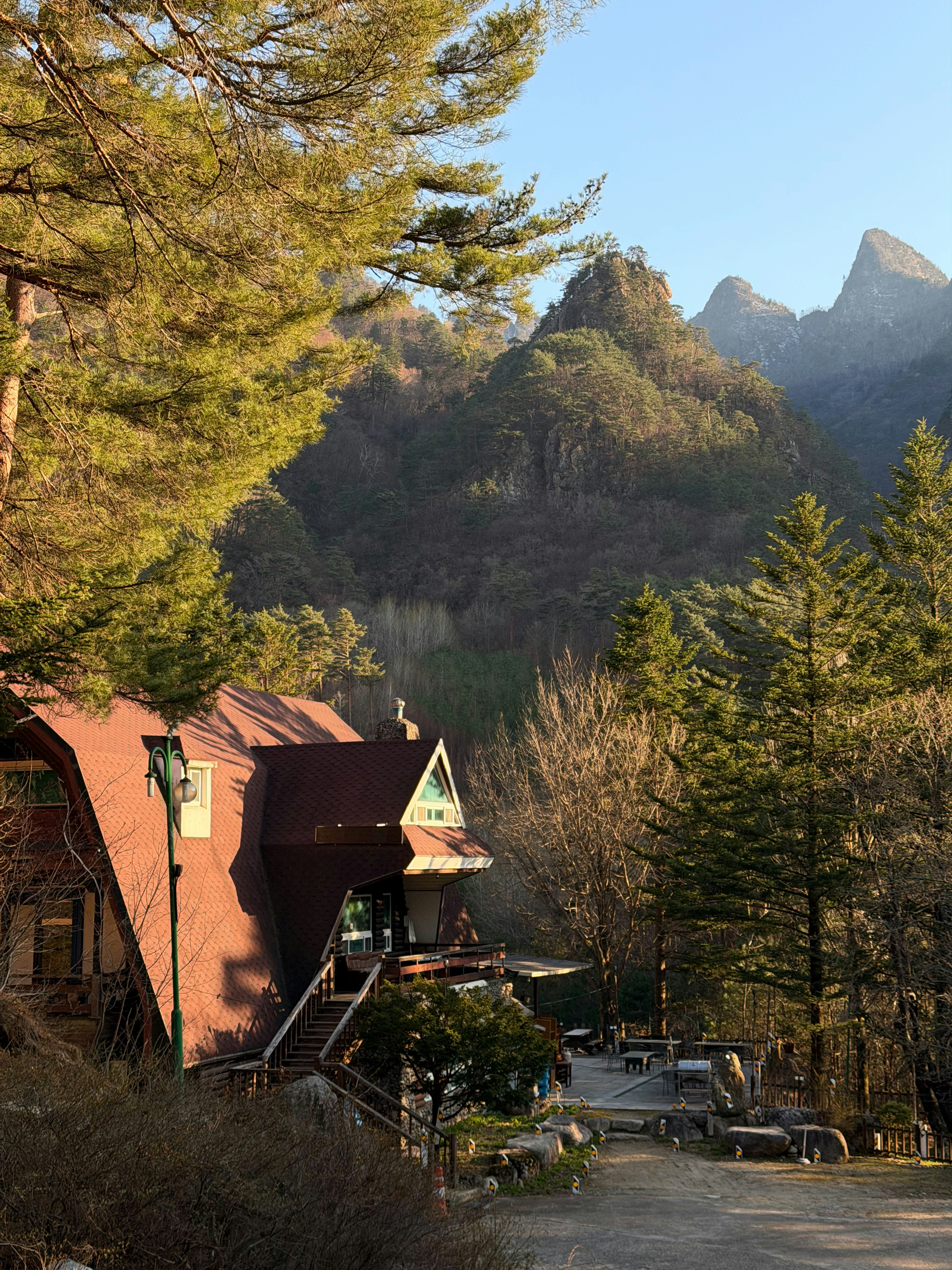 A Mountain Lodge Nestled Among Pines at Dusk