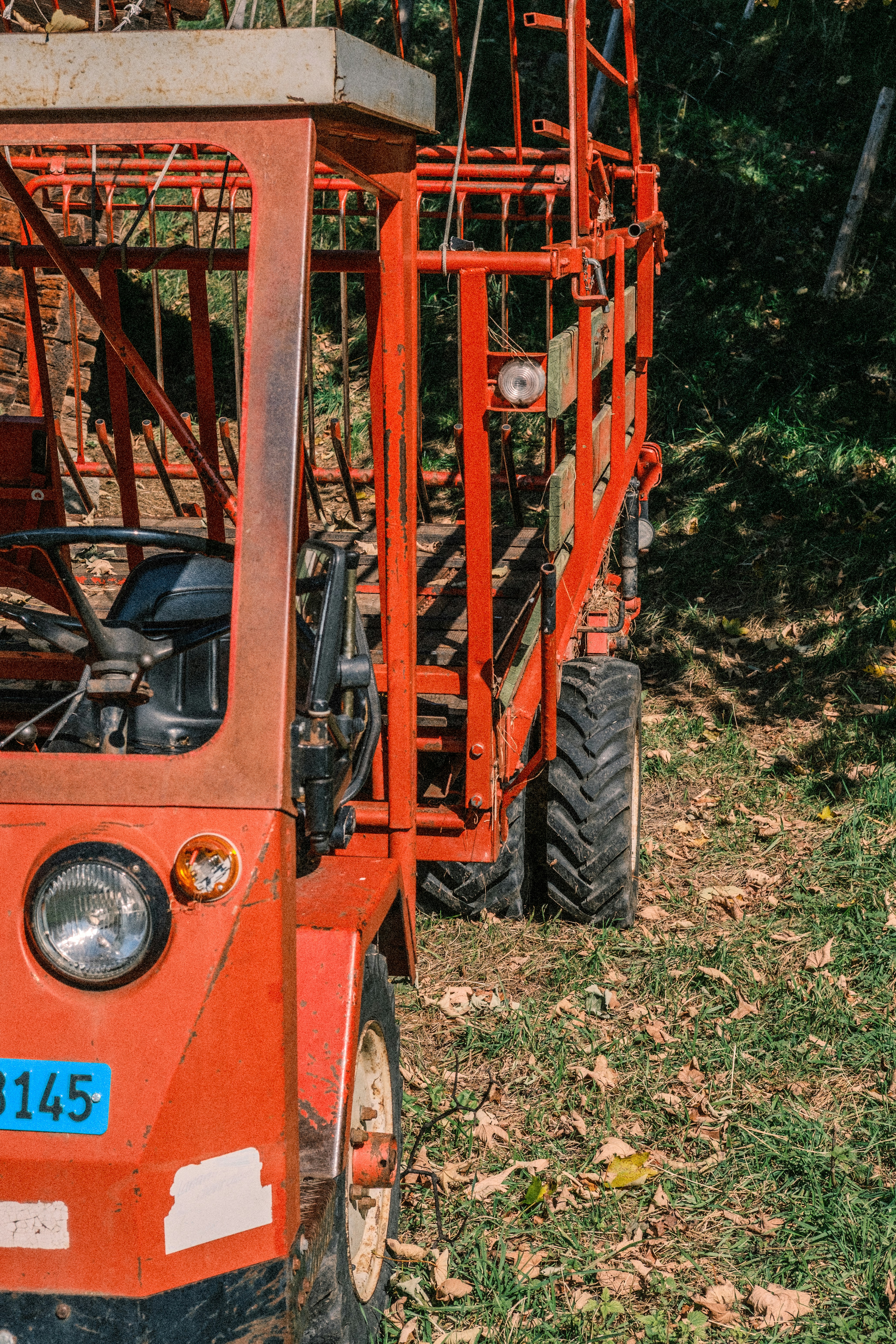 Red Construction Vehicle Reposing Under Sunlit Trees