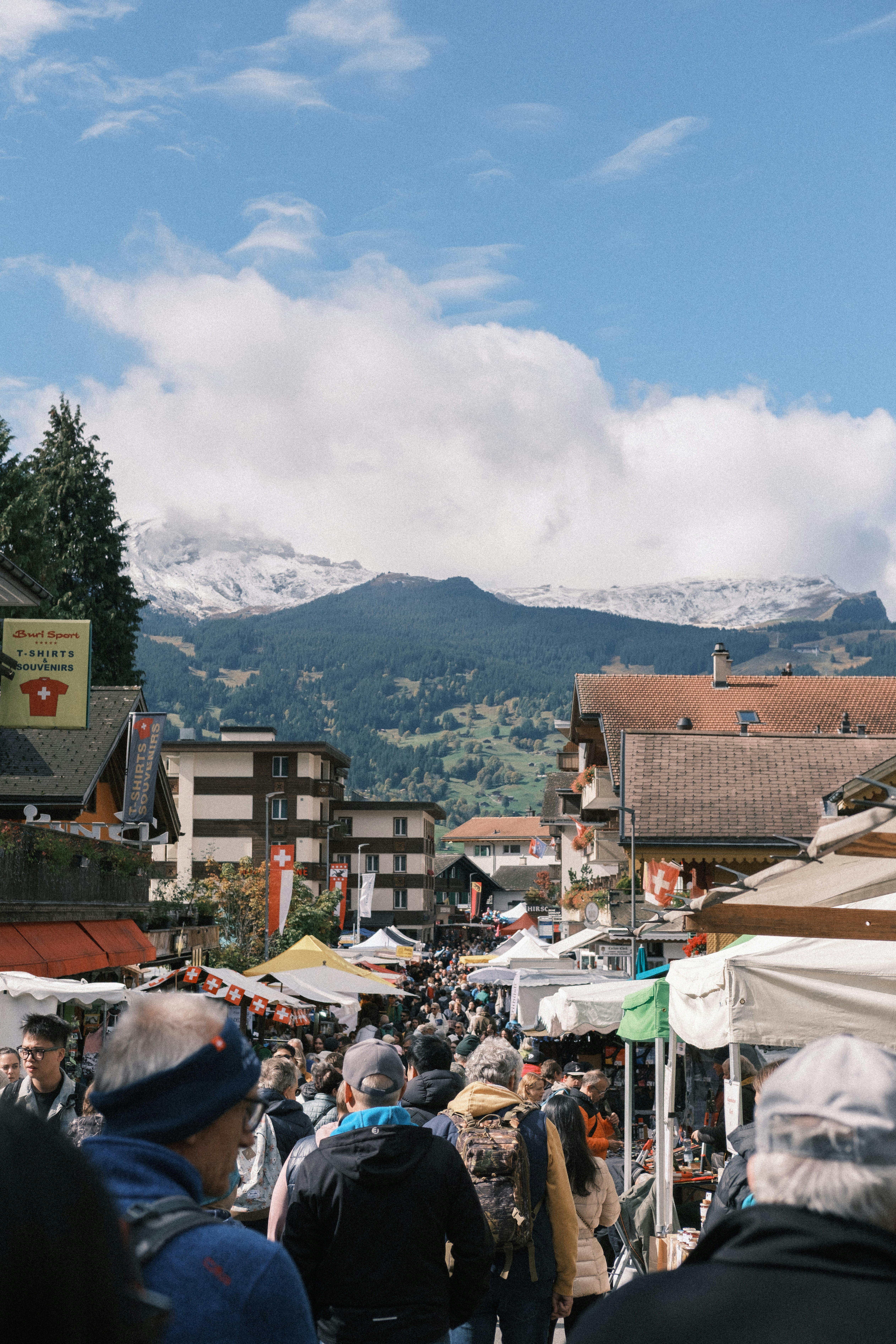 Crowded street market with snowy mountains in background.