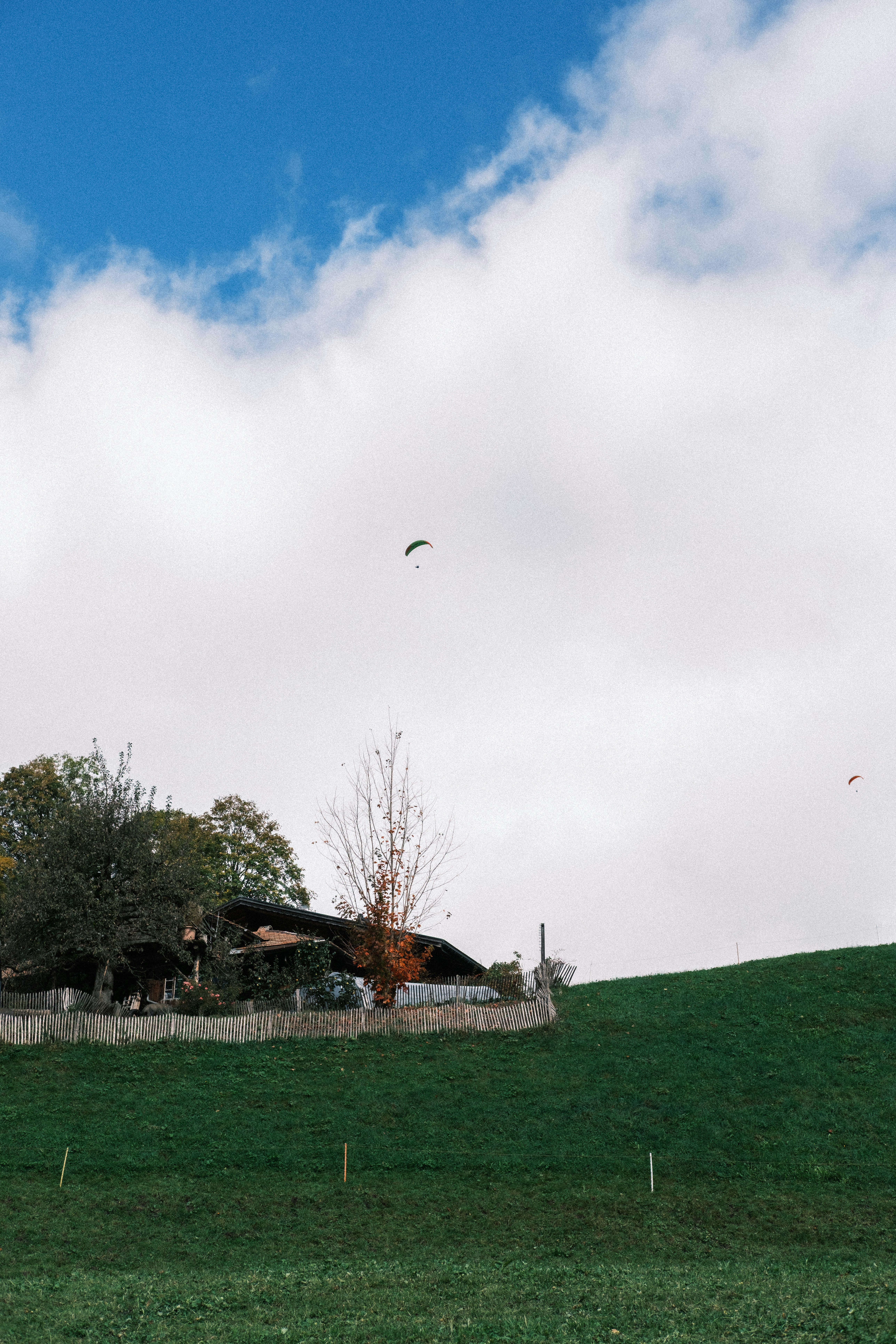Paraglider Against a Calm Blue Sky Over a Rural Field
