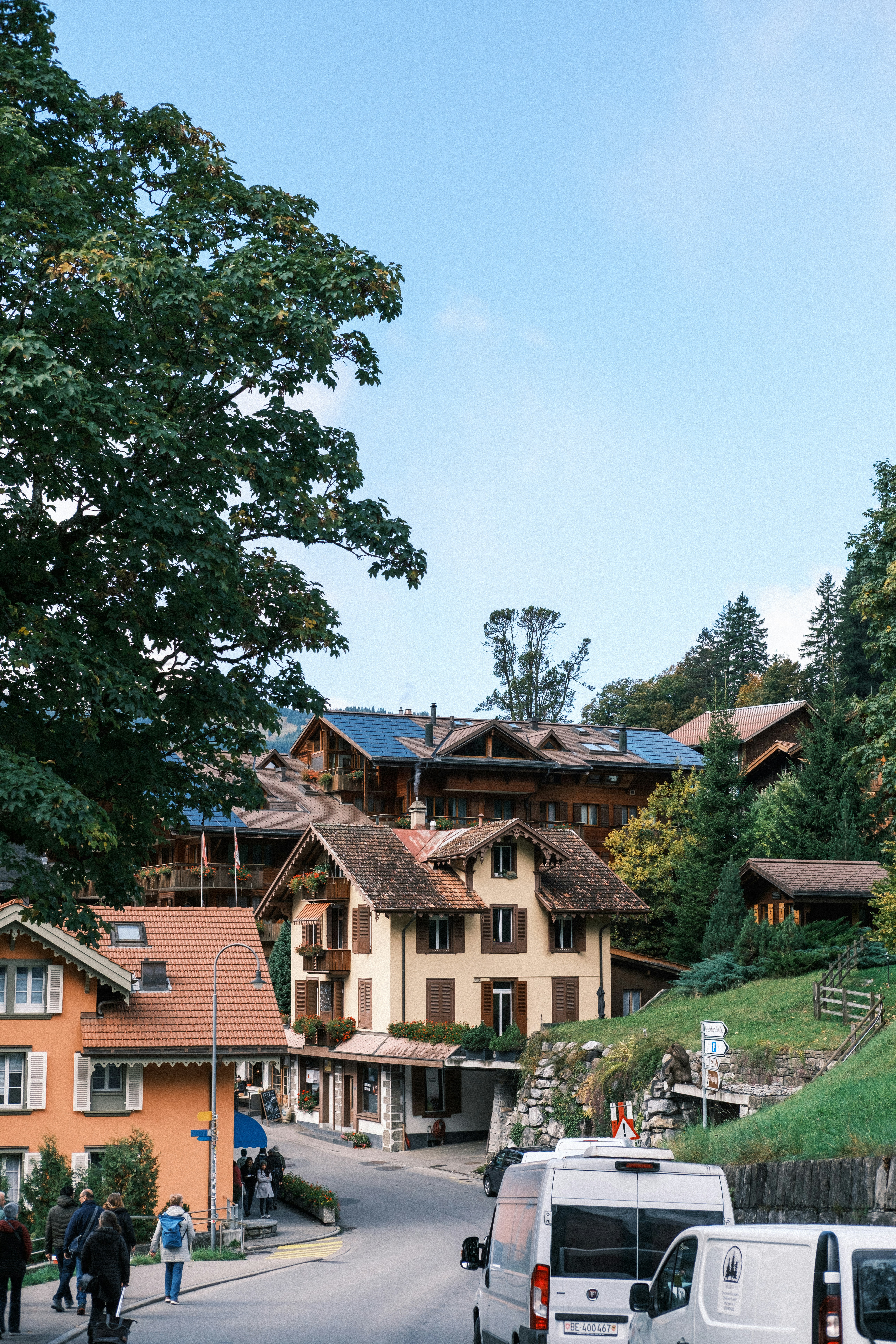 Alpine Village Looming Over a Serene Mountain Street