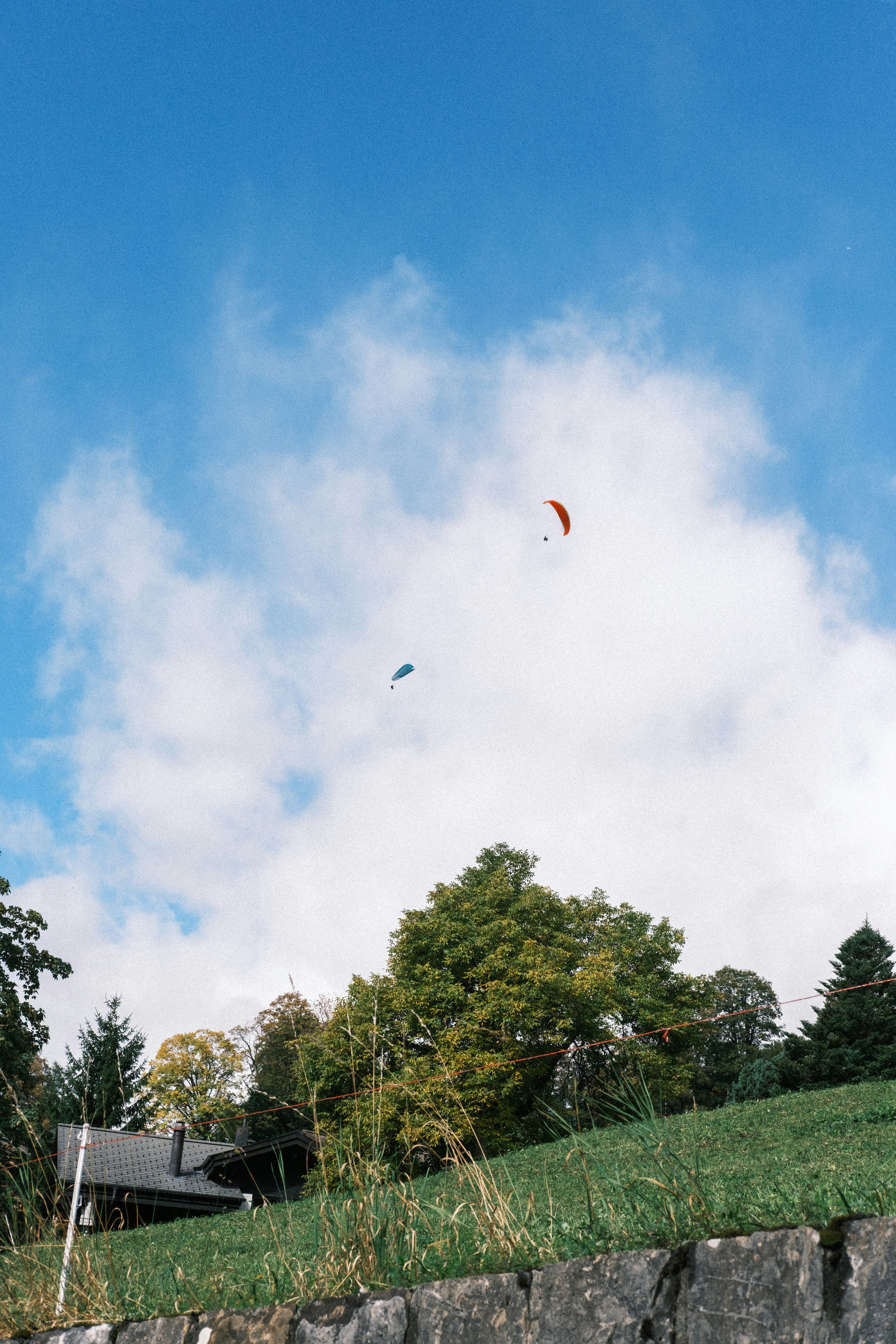 Two paragliders soar against a cloudy blue sky.