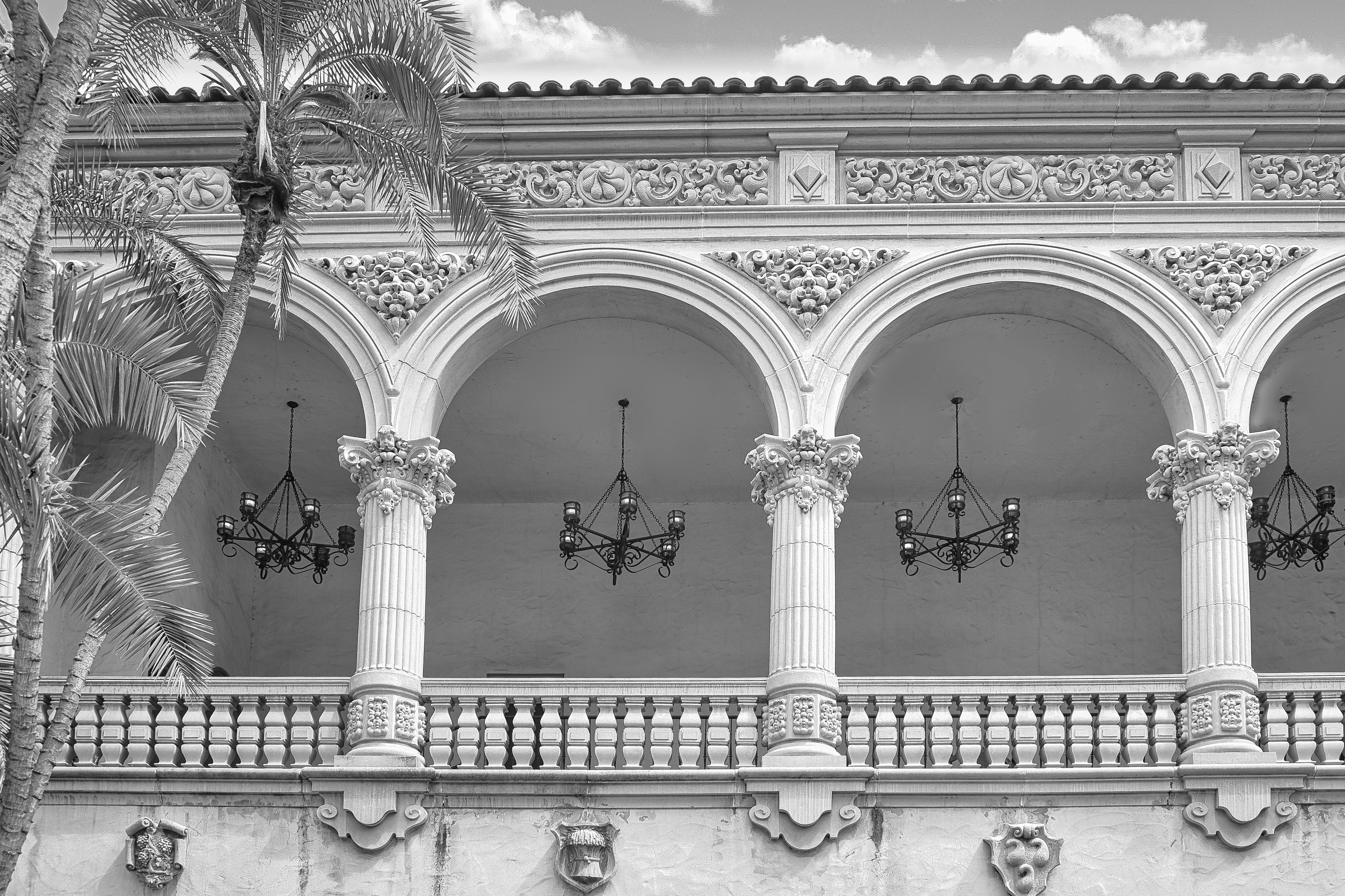 Arched Balcony Ballet of Columns and Chandeliers