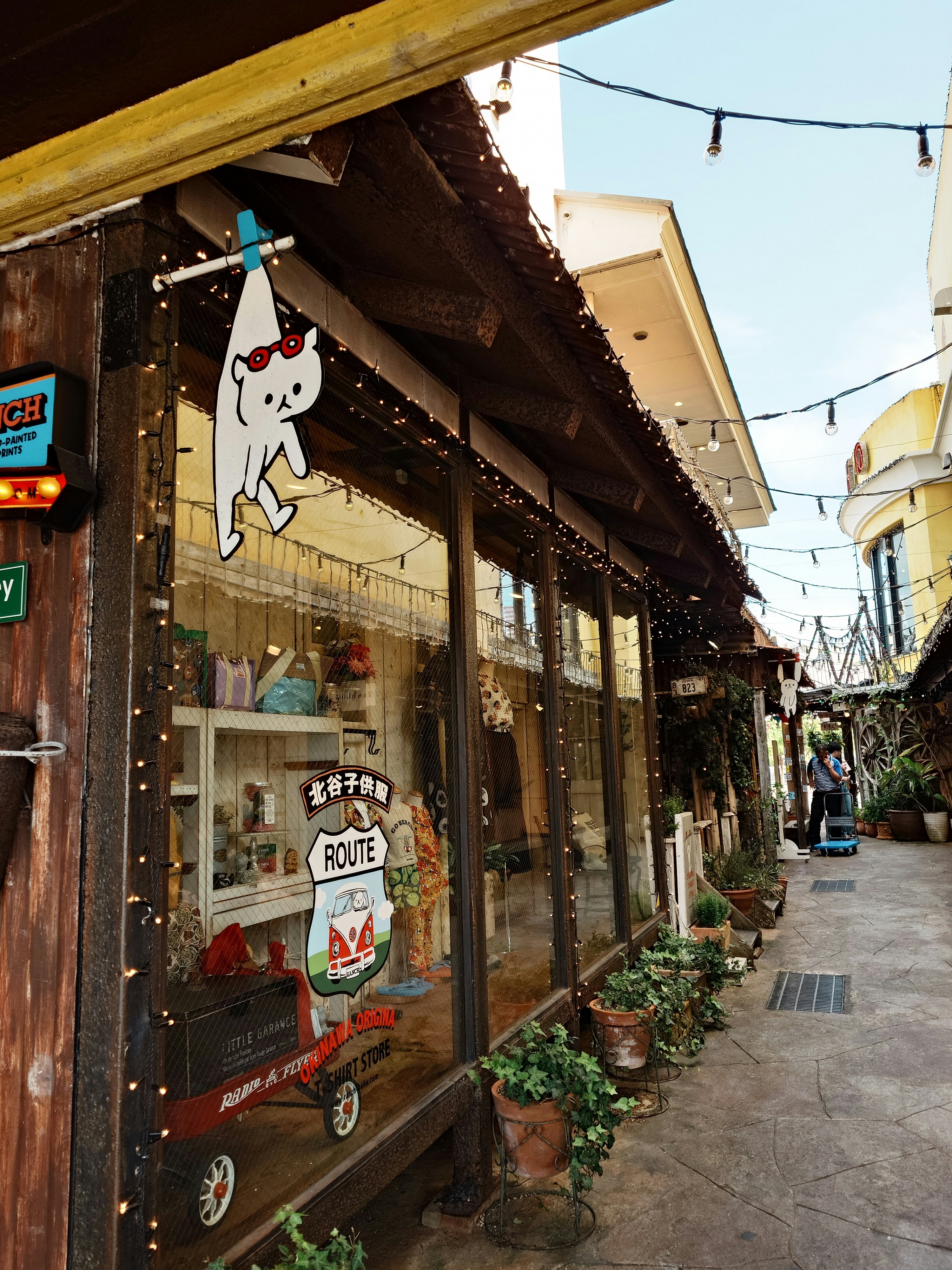 Shopfront Cat Sign and Fairy Lights on a Sunlit Alley