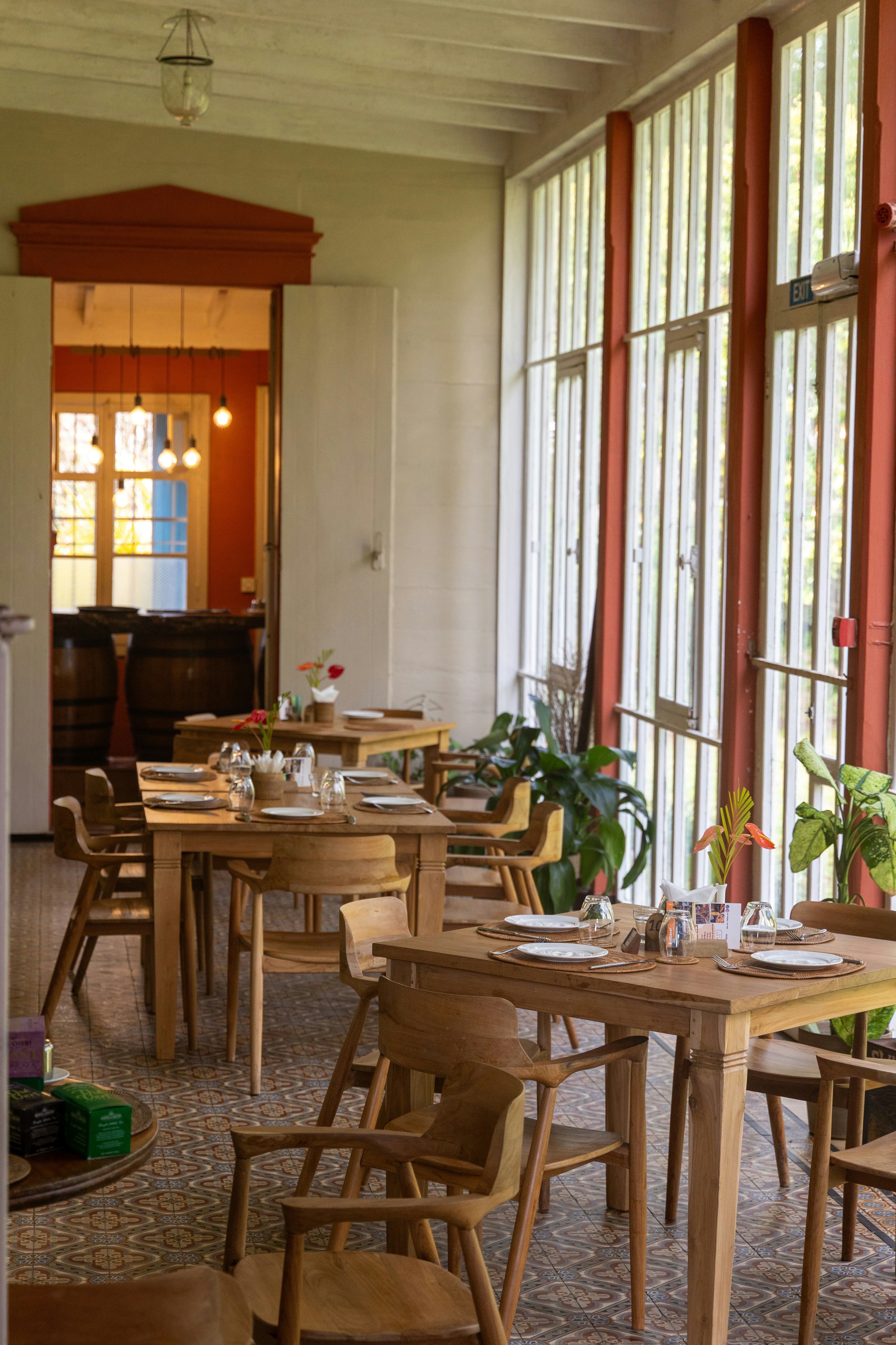 Warm Cafeteria Light in a Sunlit Dining Hall