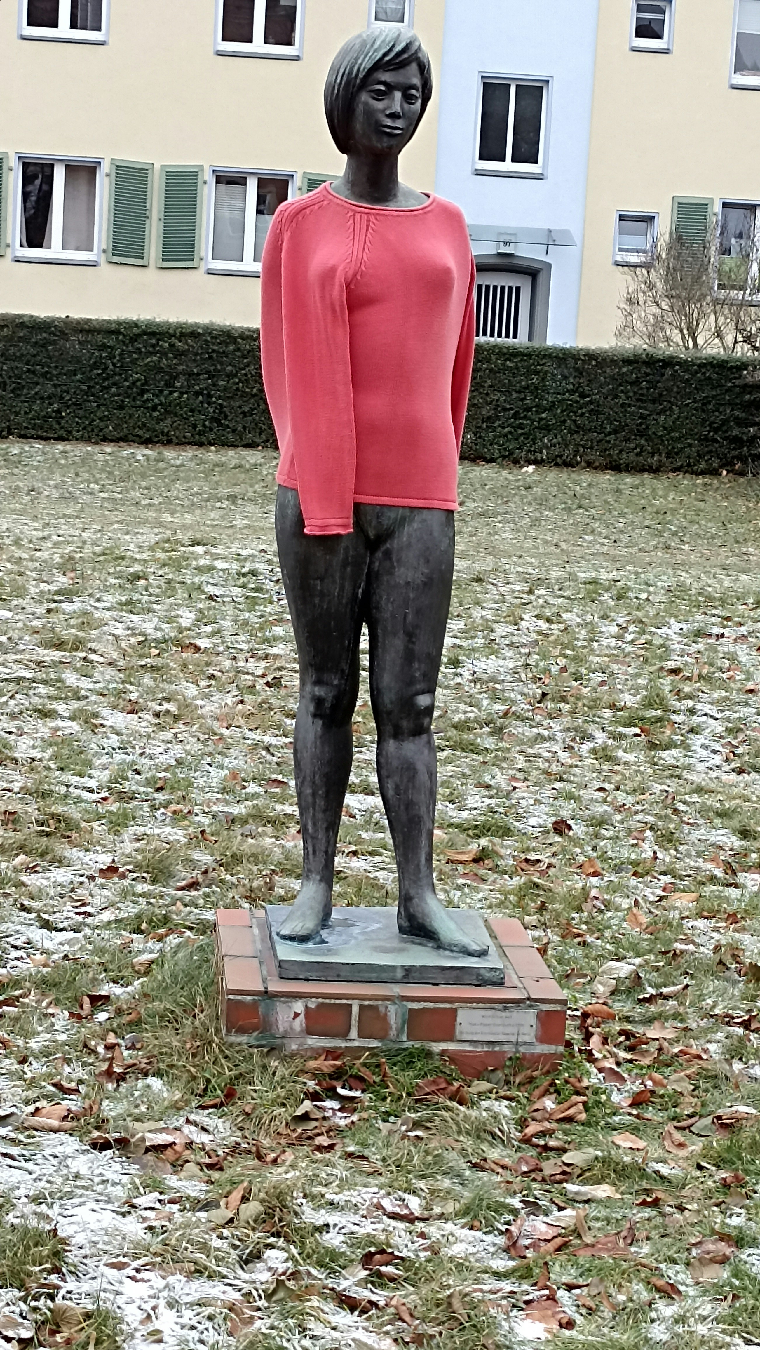 Coral-clad Figure: A Quiet Pedestal Amid Winter Grass