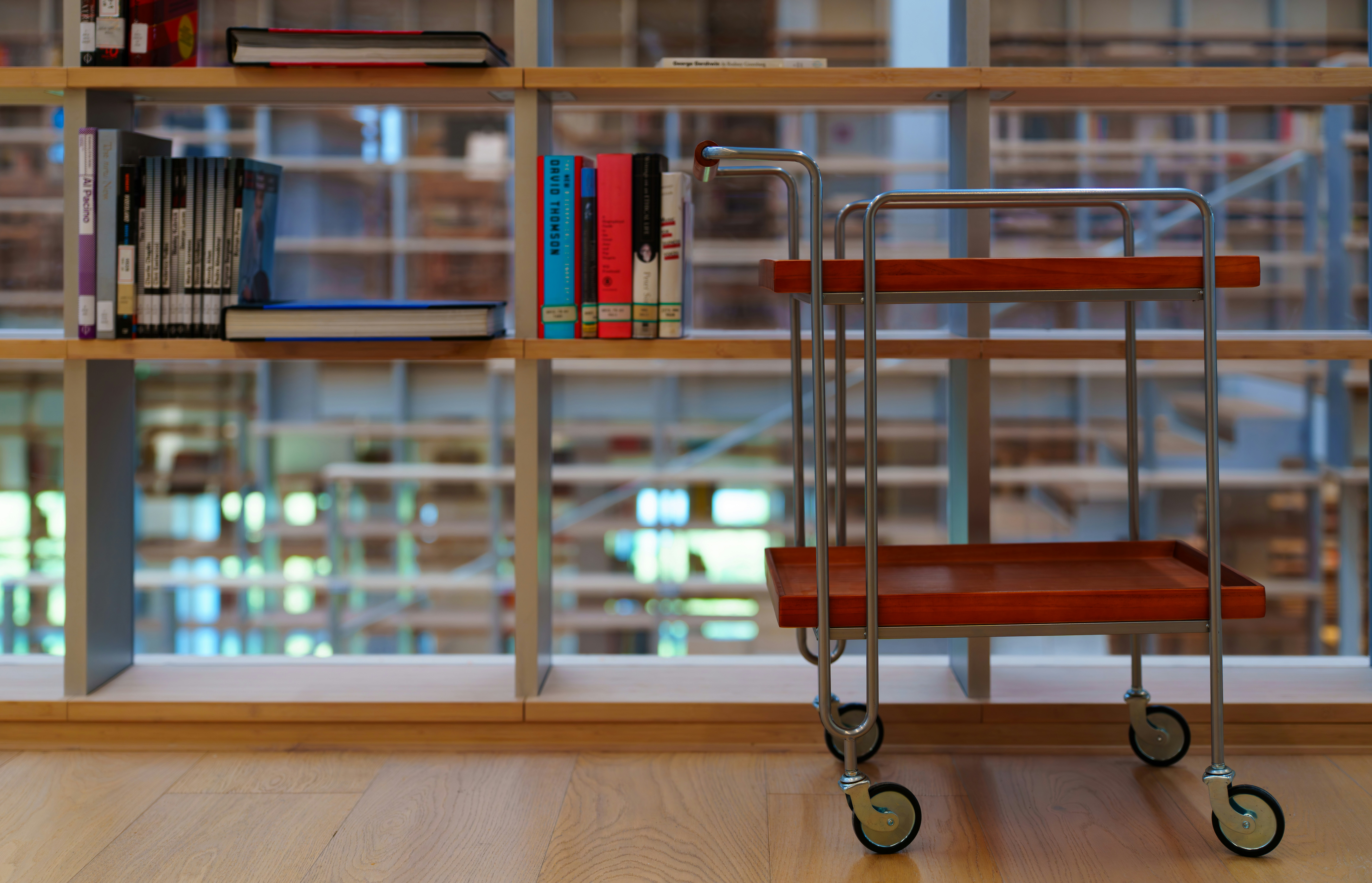 Library Trolley at the Edge of the Bookshelf Window