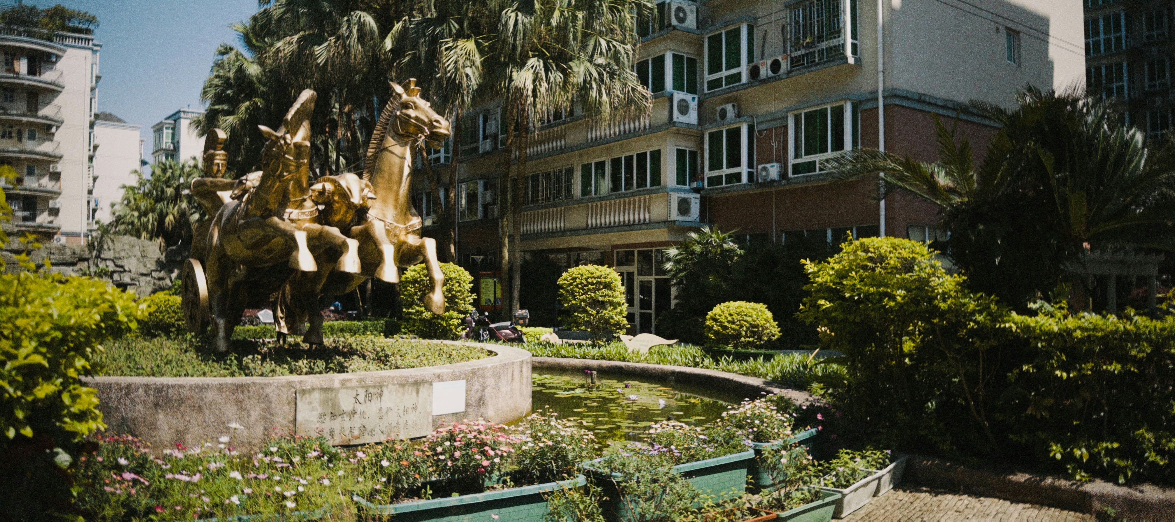 Bronze Horse Sculpture Garden Surrounded by Urban Flora