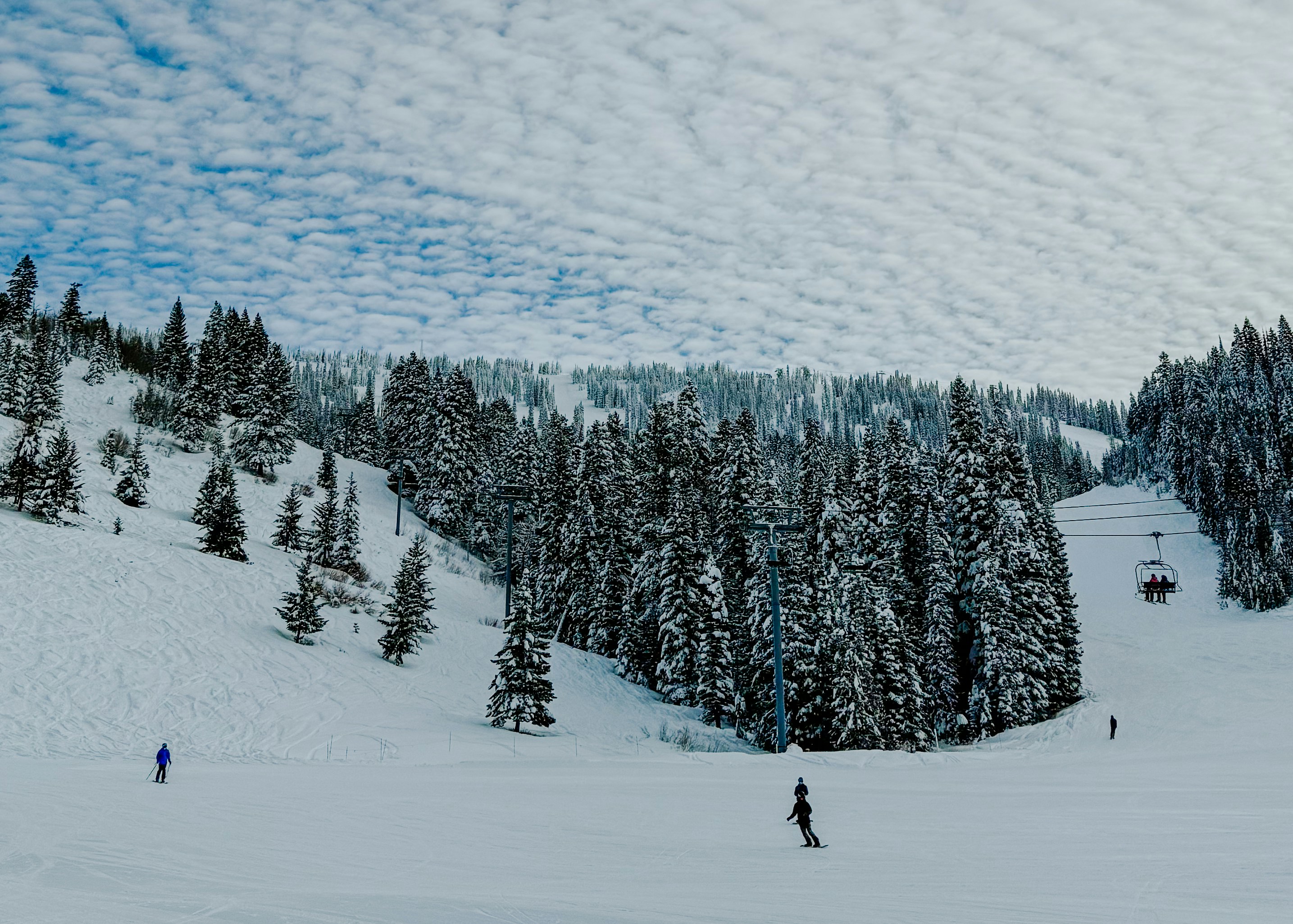 Snowbound Carvings: Skiers Traverse a Quiet Alpine Slope