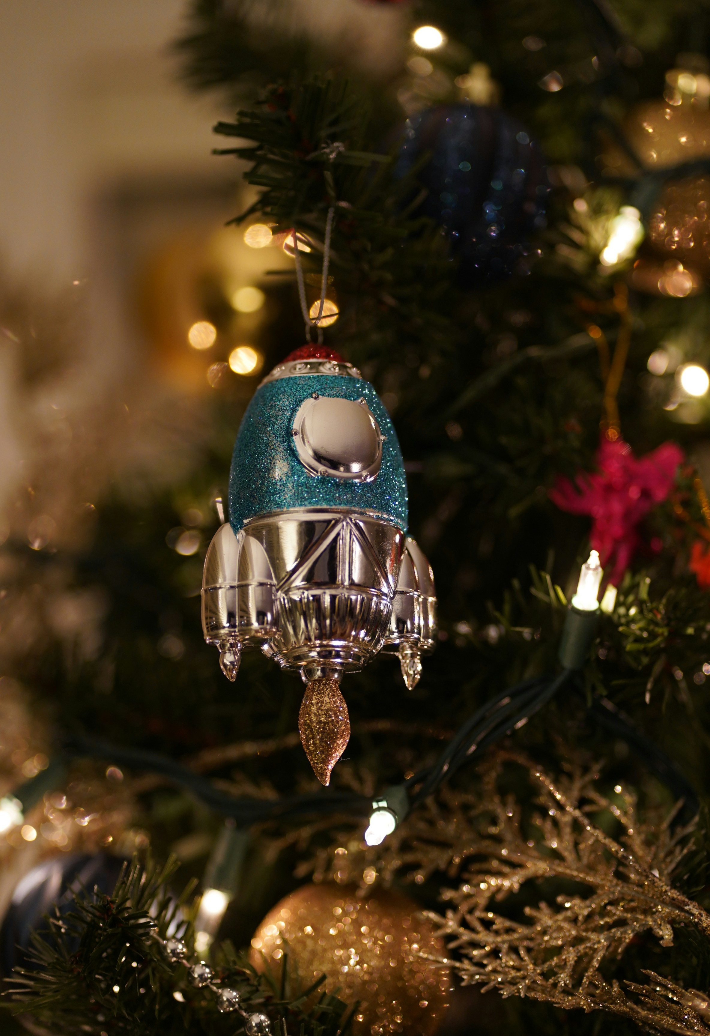 A Tiny Rocket Adorned on a Festive Tree