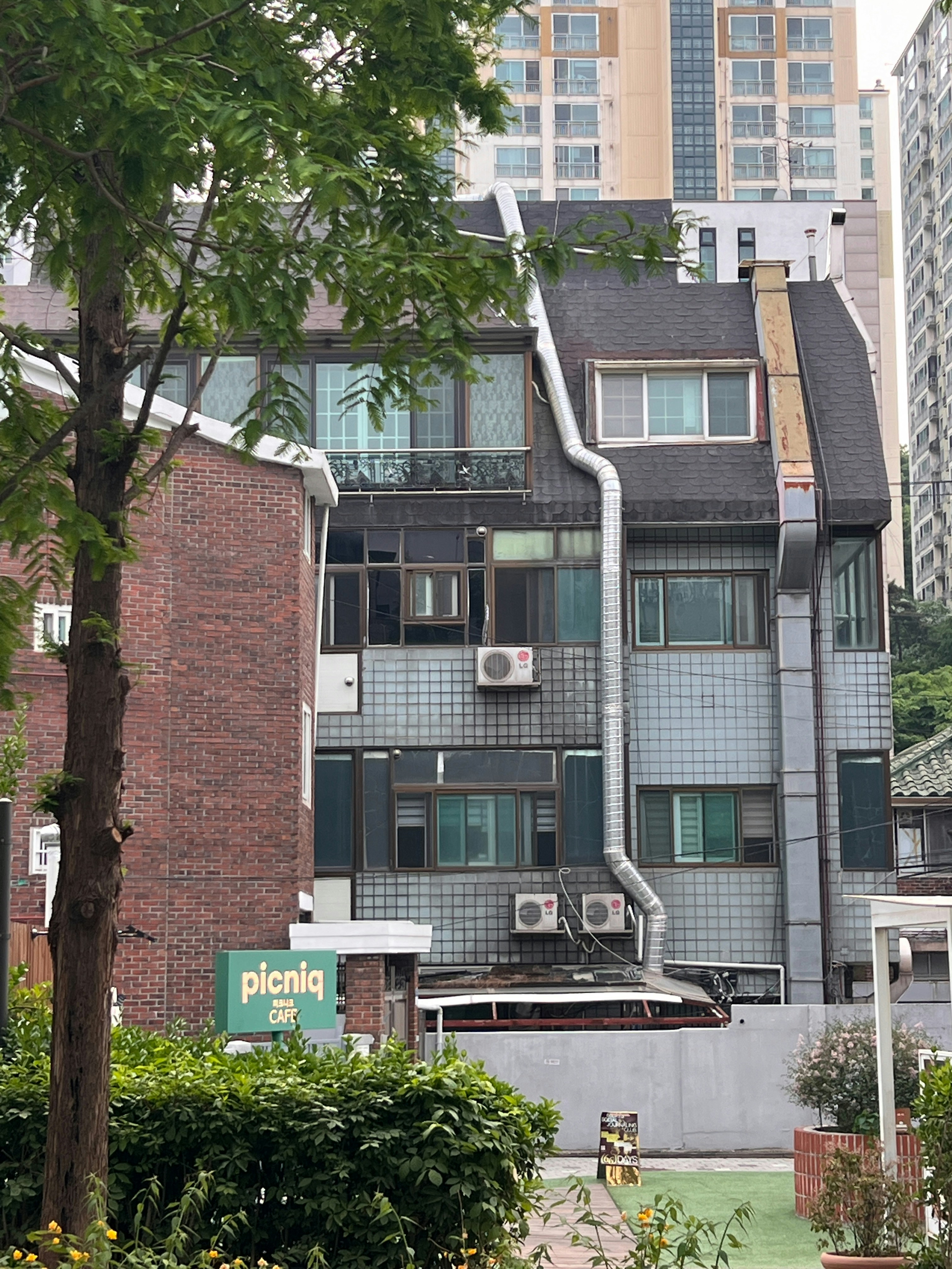 Urban Rooftop Nest: A Small Café Sign Flourishing Among Concrete Facades