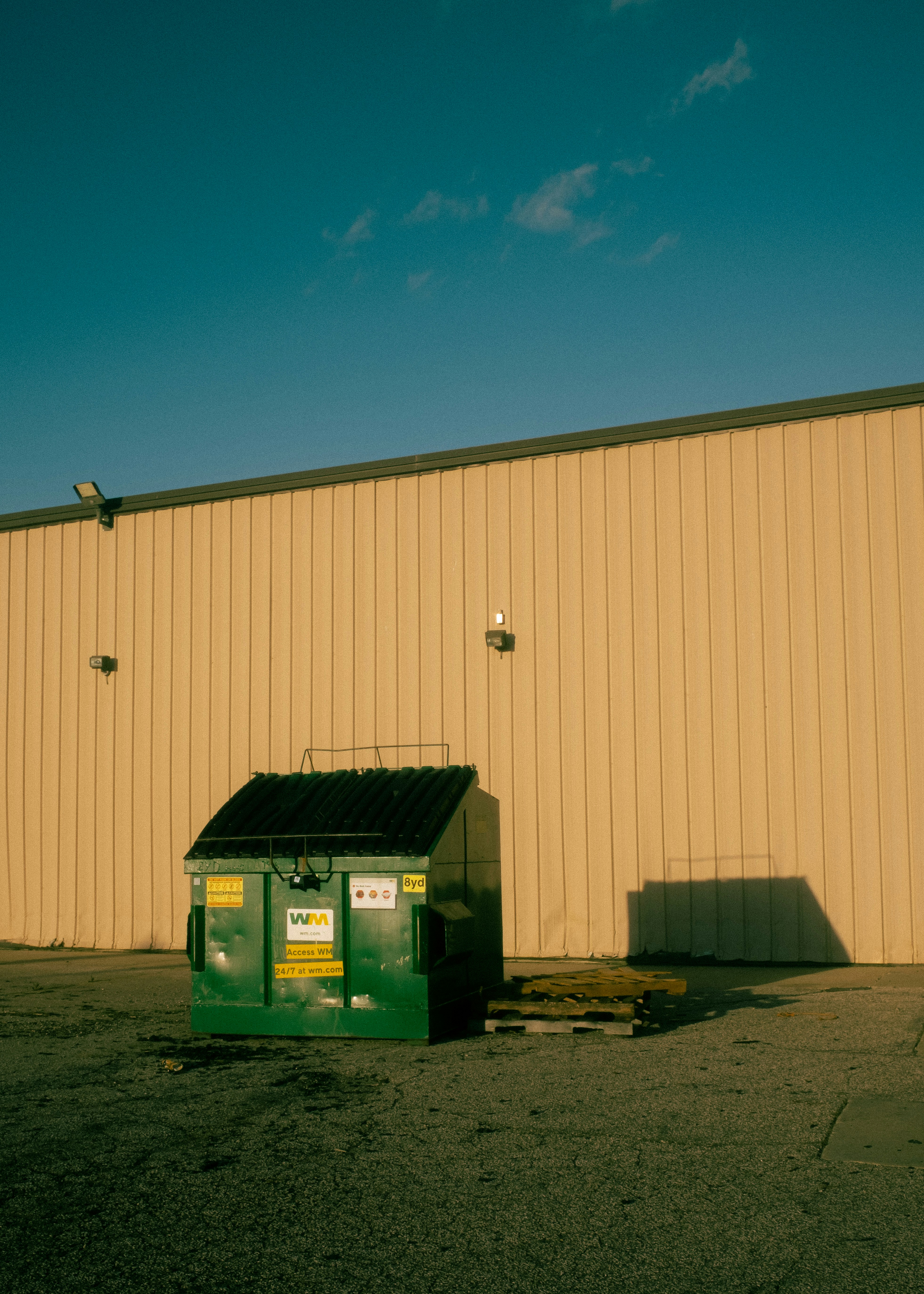 Sunlit Dumpster by the Warehouse Wall