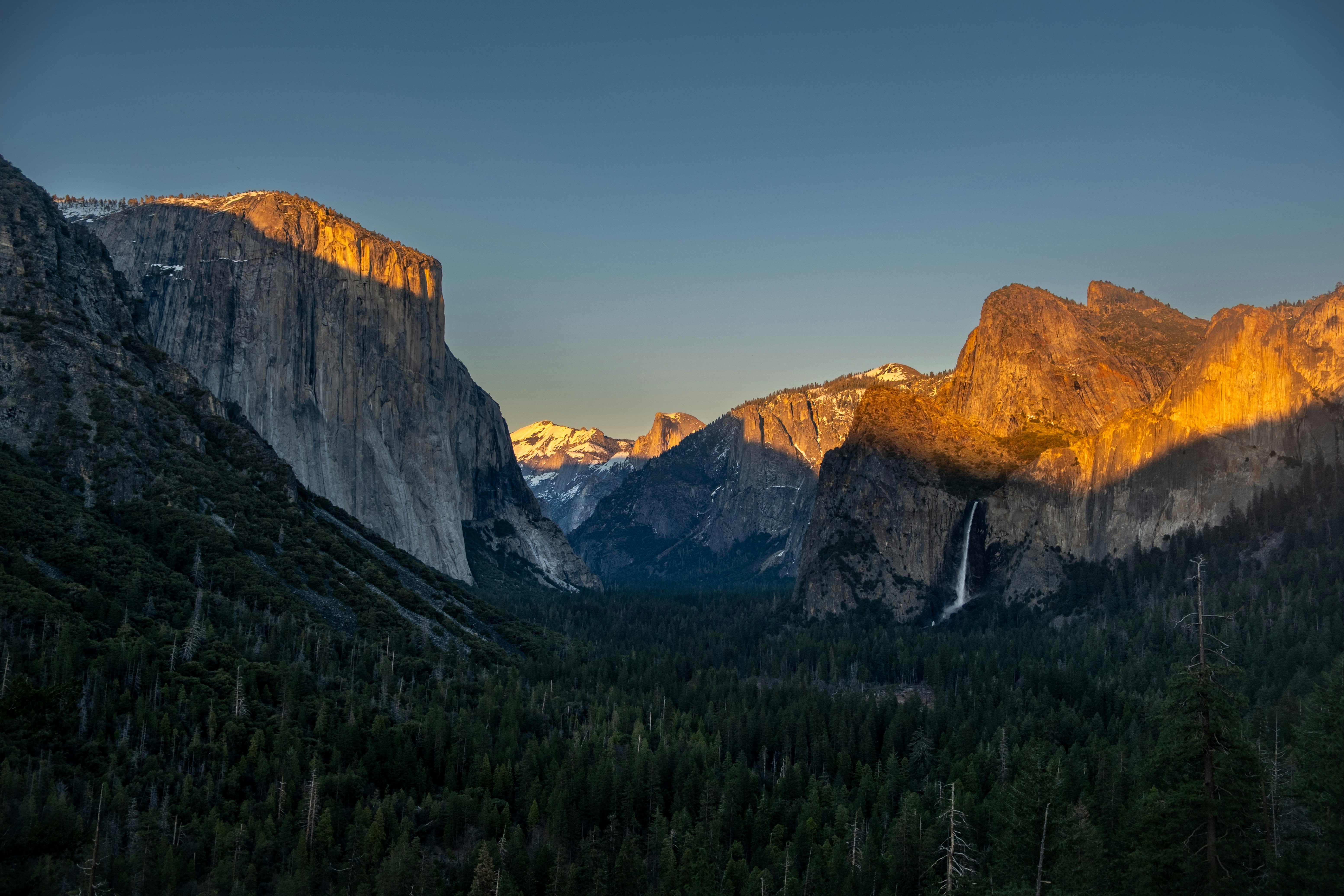 Dawn’s Golden Gorge: Sunlit Peaks Over a Pine-Valley