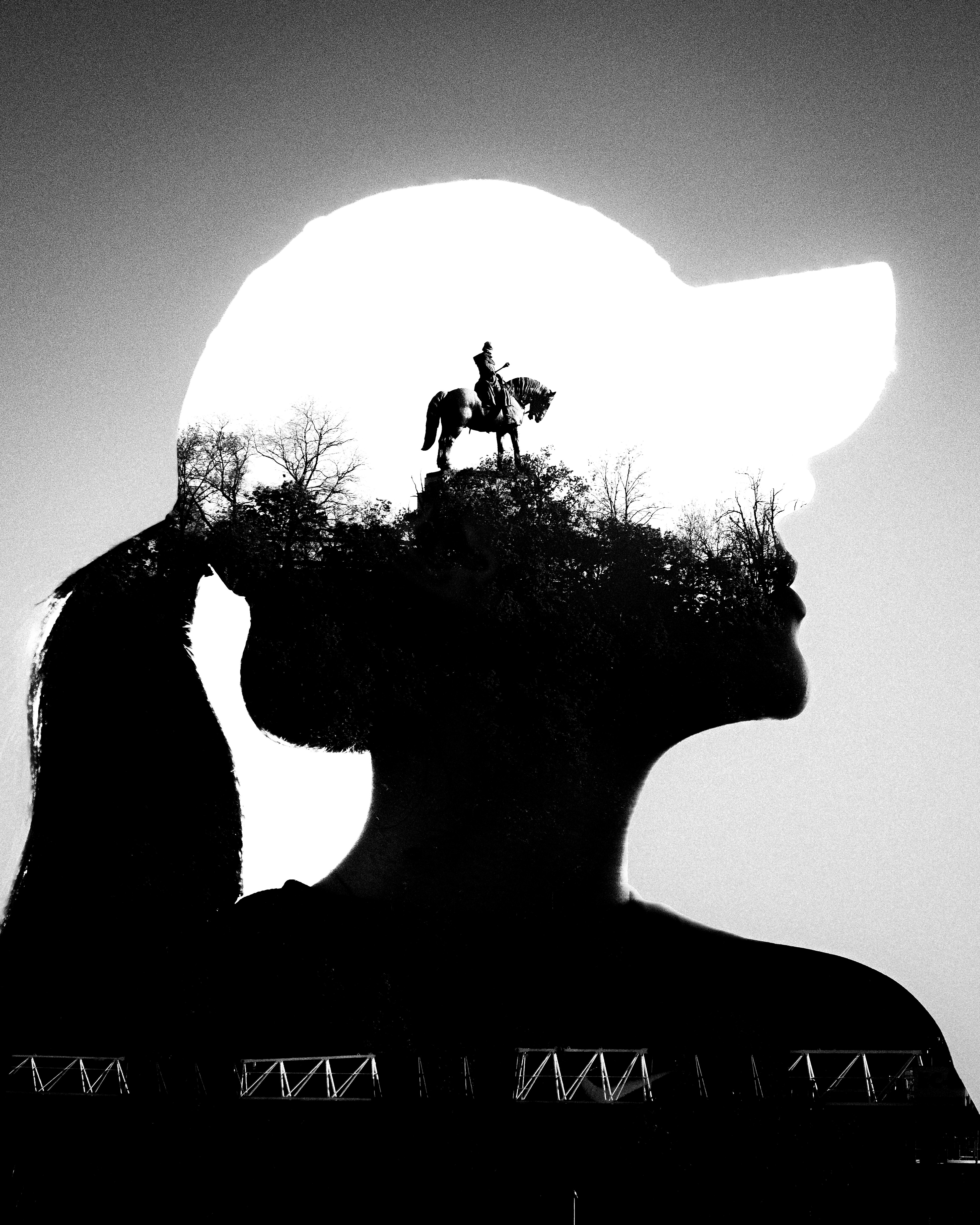 Double Exposure Silence: A Rider on the Hill Within a Portrait Shadow